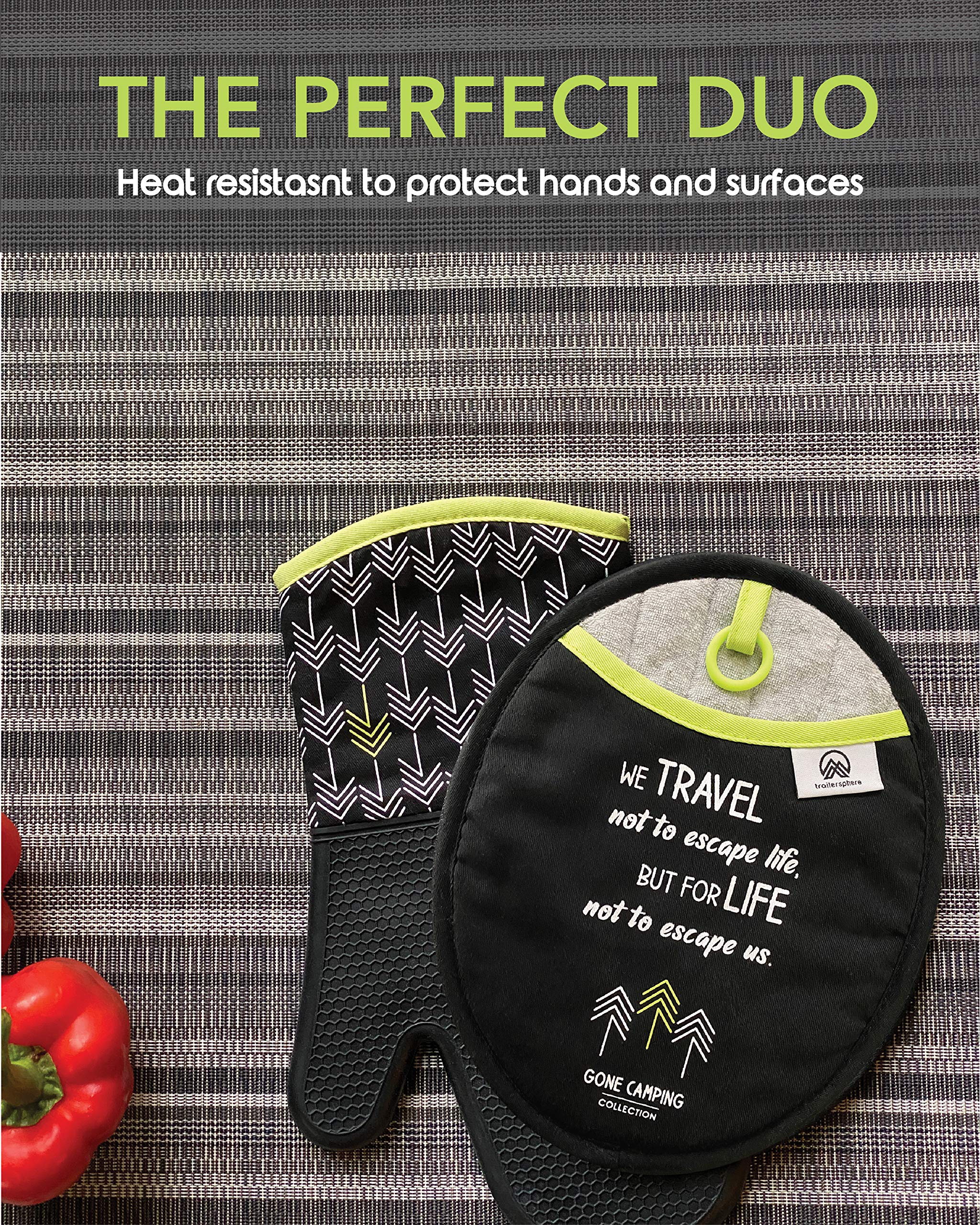 Trailersphere Silicone Oven Mitt and Pot Holder Set, Gone Camping Collection, Non-Slip Grip, Heat Resistant with Hanging Loops, Perfect for RV Kitchens and Camping, Modern and Inspirational Design