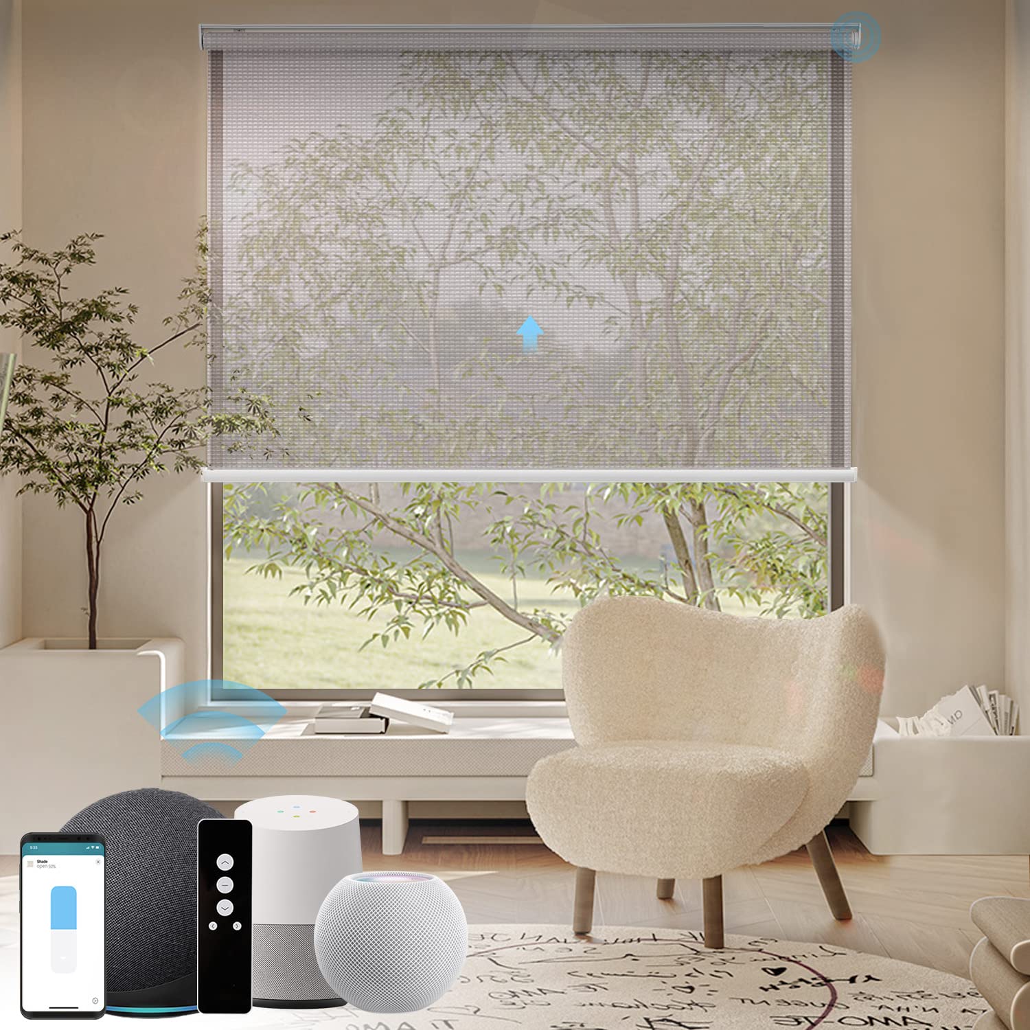 WEFFORT Motorized Shades 50% Blackout Smart Blinds Work with HomeKit Alexa Google Home Electric Blinds with Remote Control for Windows Shade for Smart Home, PVC FREE SUNSCREEN Stone
