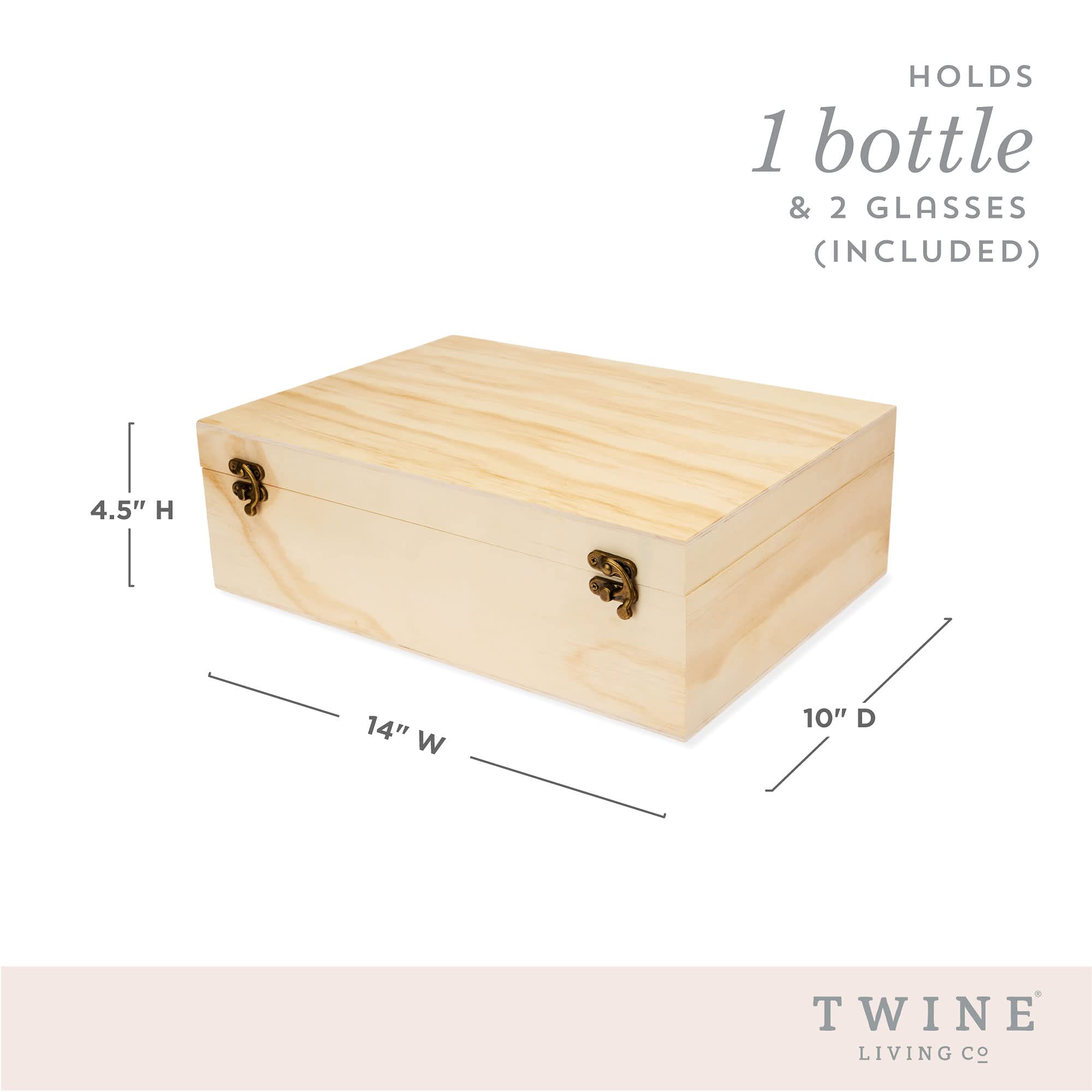 Twine Champagne Bottle Gift Box, Wine Box with Lid and 2 Stemless Champagne Flutes, Packing Straw, Holds 1 Champagne Bottle, Wood