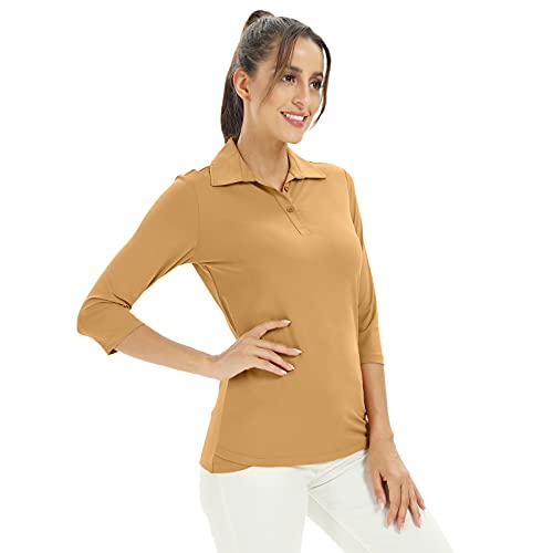Women's Golf Polo Shirts 3/4 Sleeve Blouses Moisture Wicking Golf Apparel Lady Golf Tops (Bone brown L)