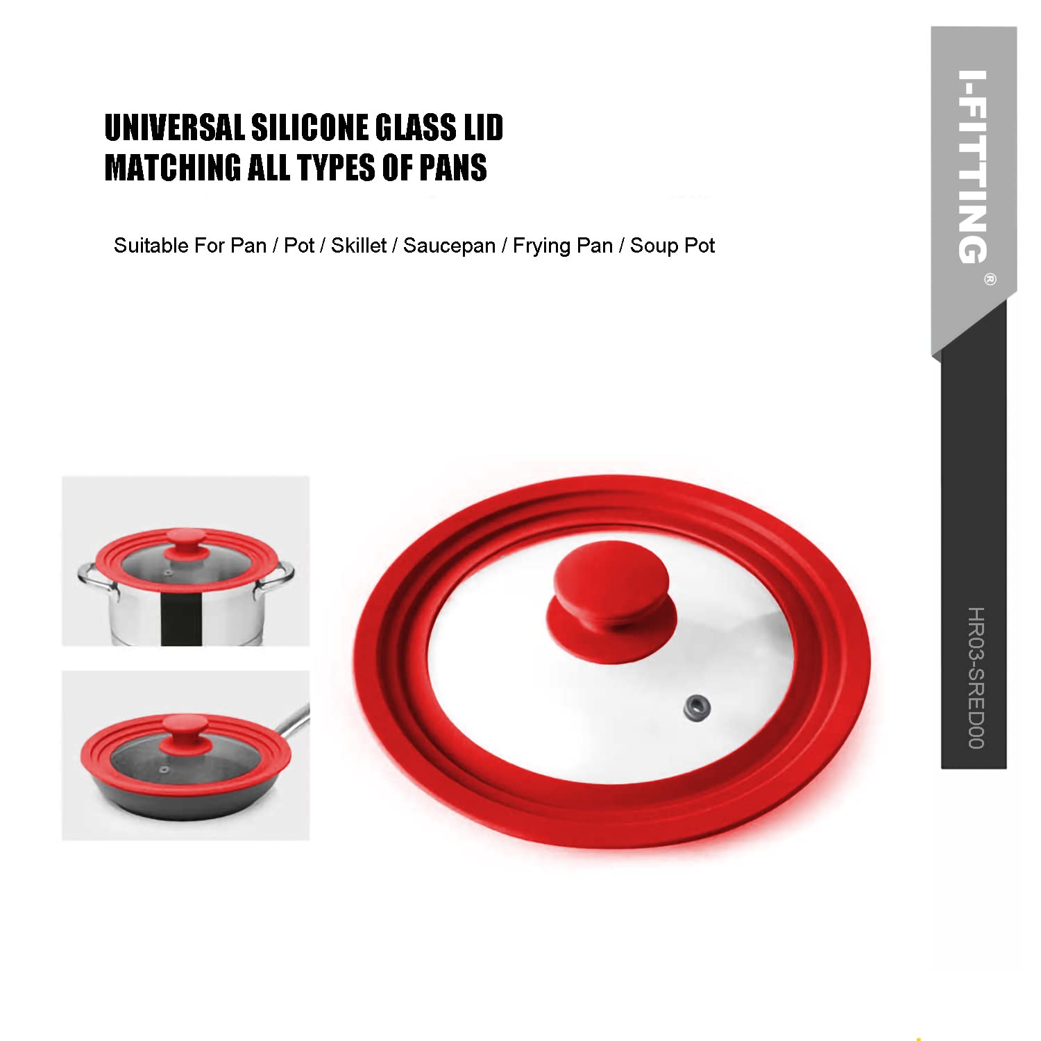 Universal Lid for Pot,Pan,Skillet Fits 8.5", 9.5,10 Cookware Silicon lid Dishwasher Safe, Replacement Lid Vented Tempered Glass with Heat Resistant Silicone Rim By HR Huare Technology, Red,1 Pack