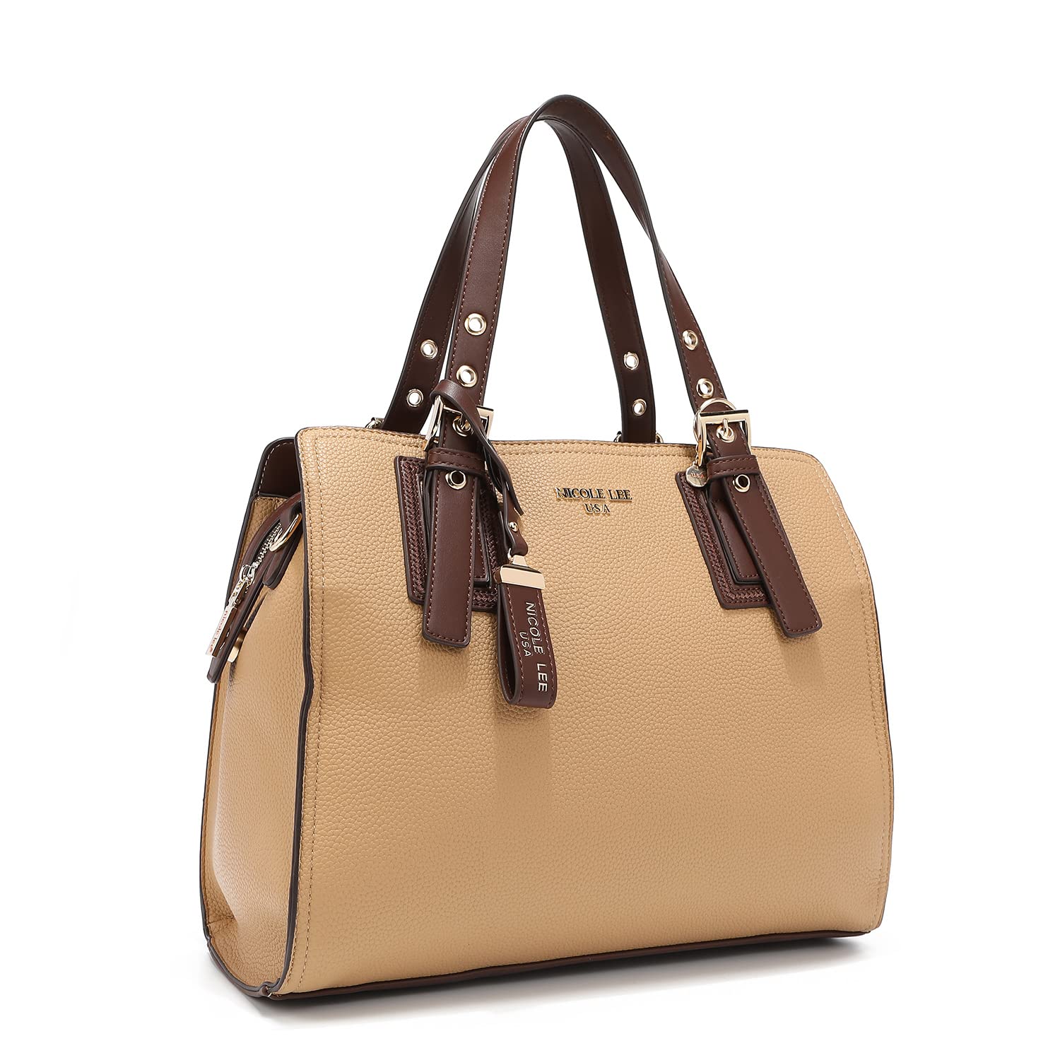 Nicole Lee Isabel Structured Satchel, Medium Shoulder Handbag with Detachable Crossbody Strap and Designer Logo Strap (Beige)
