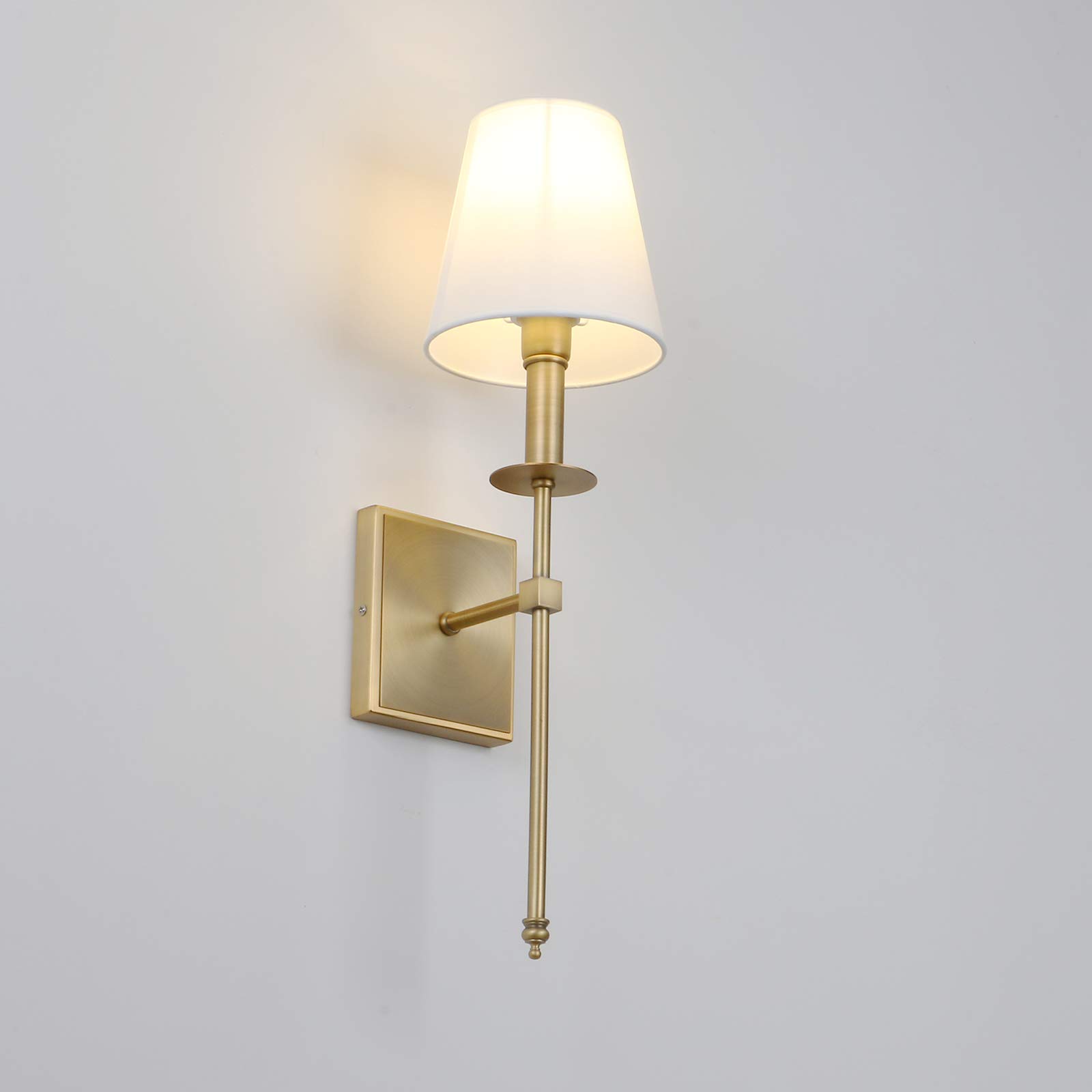 PERMO Set of 2 Classic Rustic Industrial Wall Sconce Lighting Fixture with Flared White Textile Lamp Shade and Antique Brass Tapered Column Stand