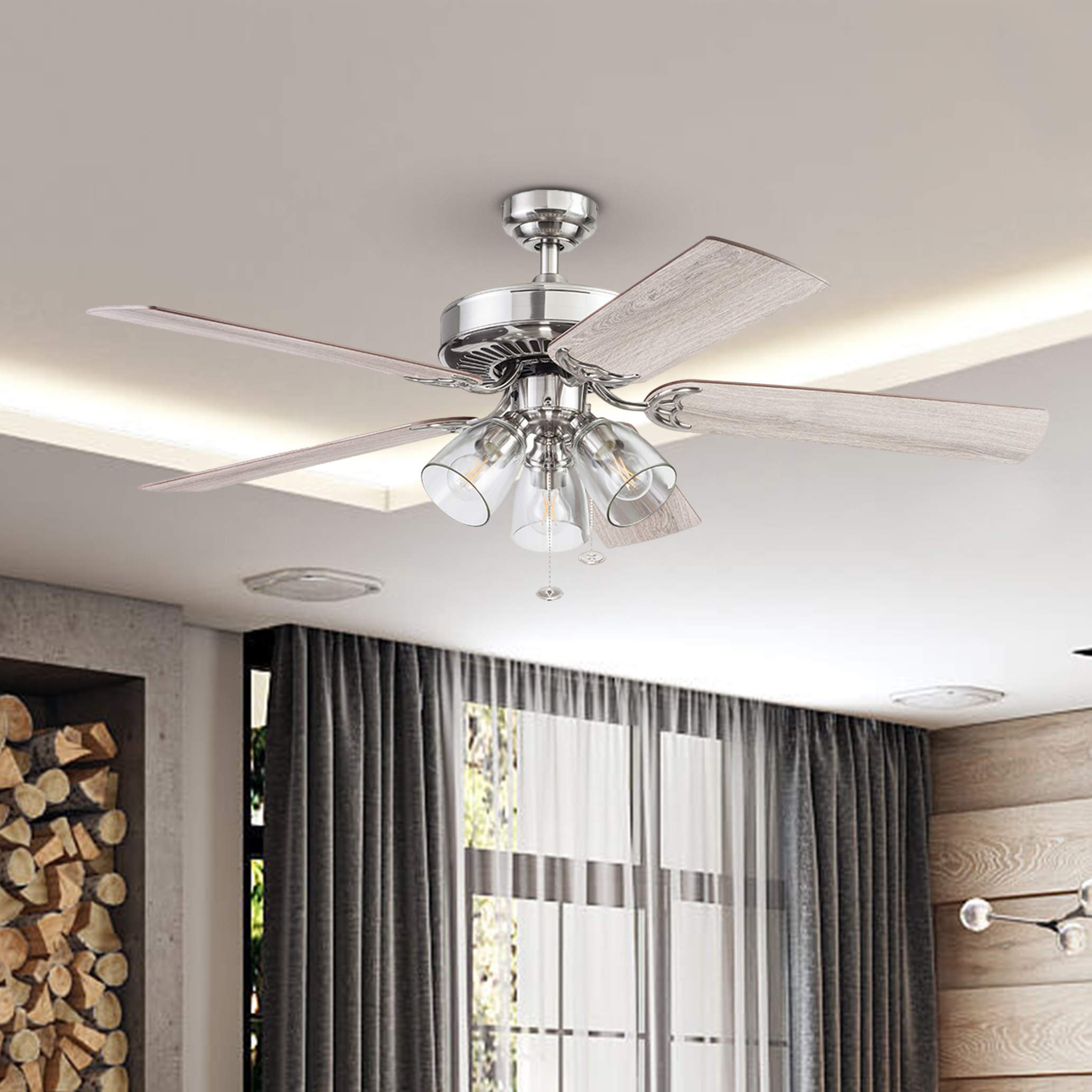 Prominence Home Saybrook, 52 inch Indoor Farmhouse LED Ceiling Fan with Light, Pull Chain, Three Mounting Options, Dual Finish Blades, Reversible Motor - 51592-01 (Matte Nickel)