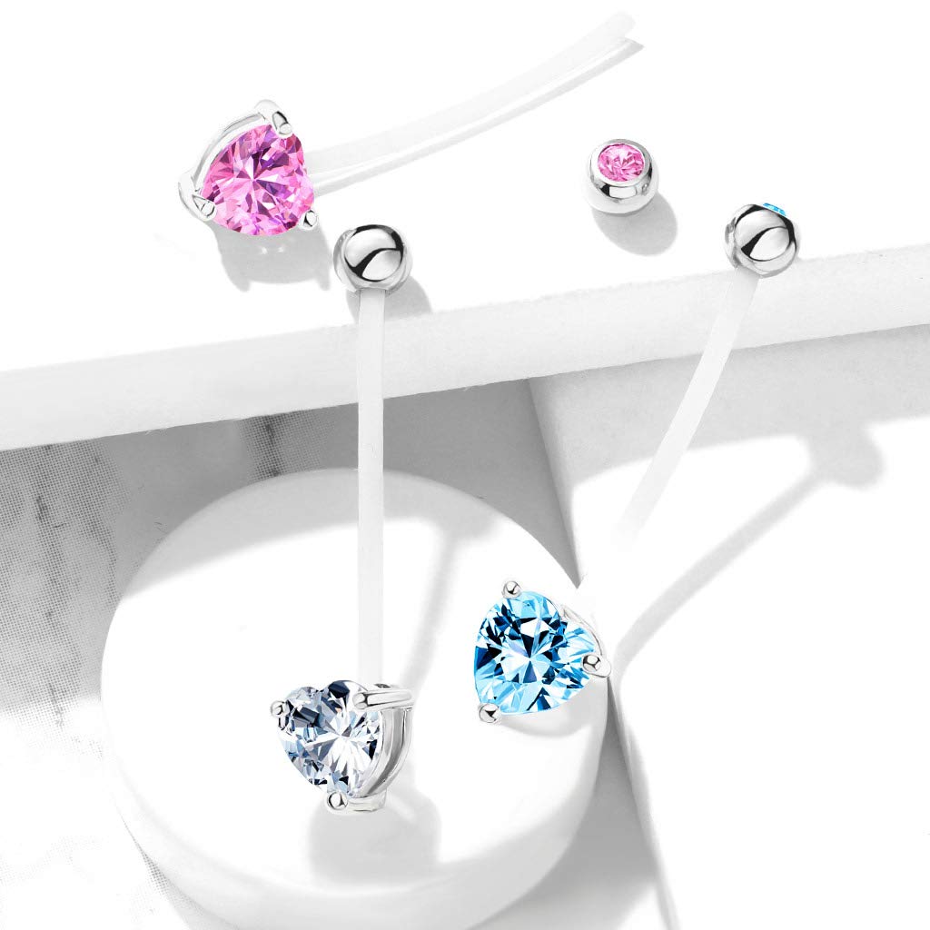 Pierced Owl Double Jeweled Prong Set Heart Crystal Pregnancy Maternity Belly Button Ring Retainer (Pink)