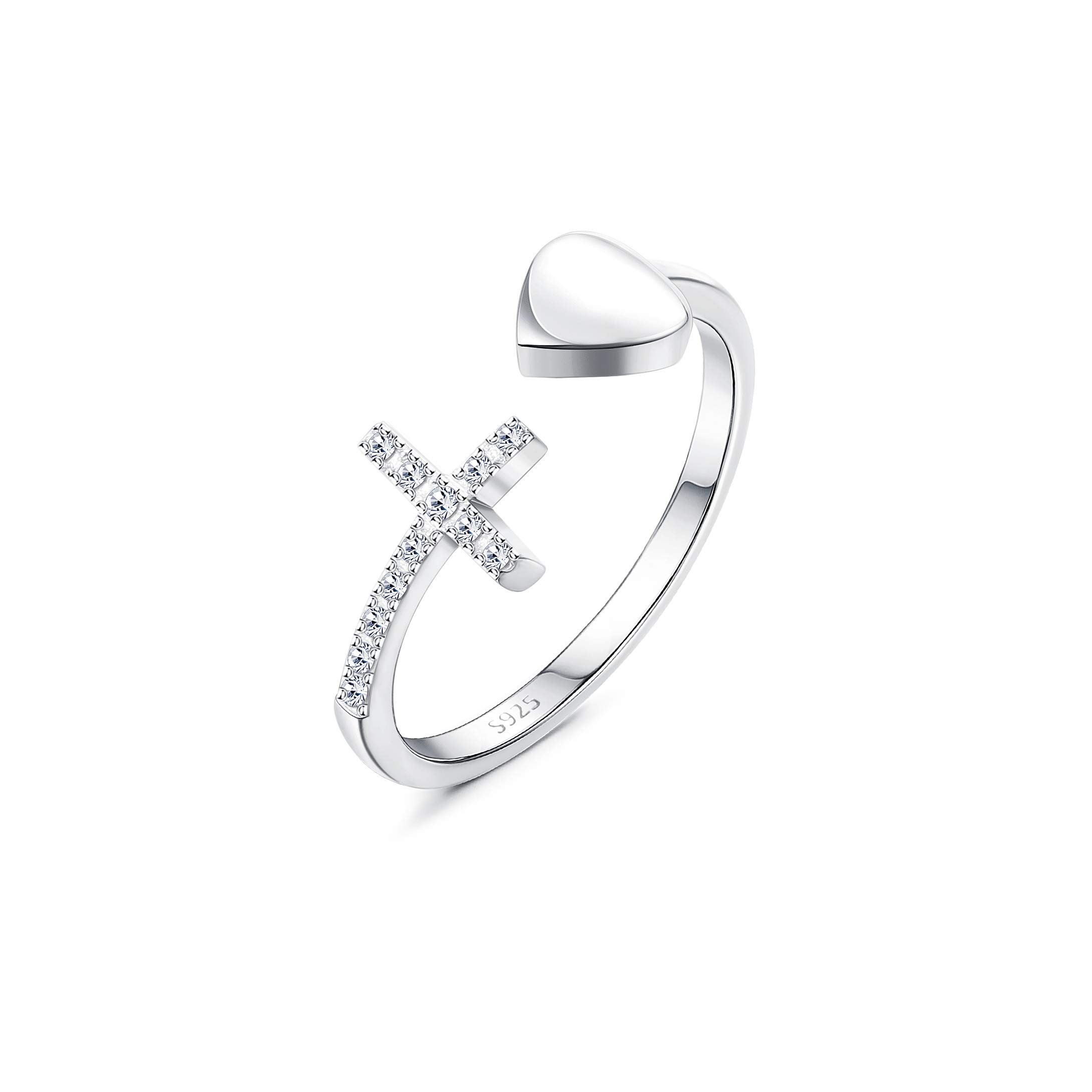Sllaiss 925 Sterling Silver Adjustable Cross Rings for Women Men Love CZ Stackable Open Ring Sideways Cross Christian Religious Ring