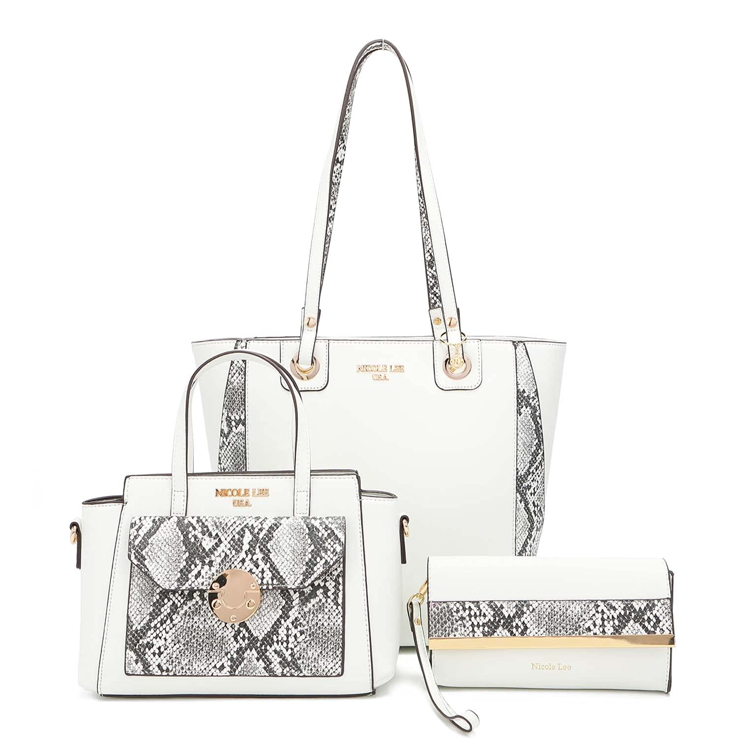 Nicole Lee Natalia 3 Piece Set (Shopper, Mini Satchel Crossbody, Clutch) (WHITE)