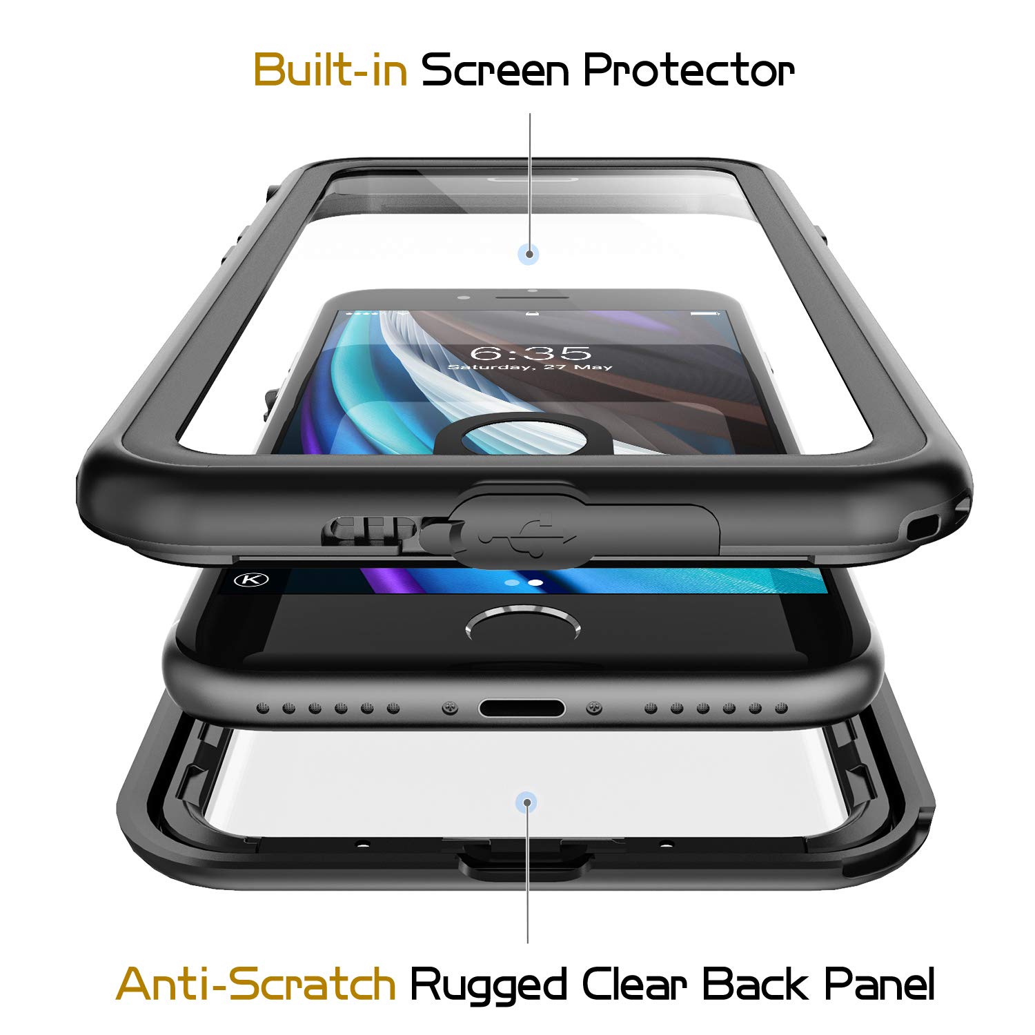 Singdo iPhone SE 2020 Waterproof Case,iPhone 7/8 Waterproof Case, Built-in Screen Protector Full Body Heavy Duty Shockproof IP68 Waterproof Case for iPhone SE 2020/7/8 4.7 inch Black/Clear