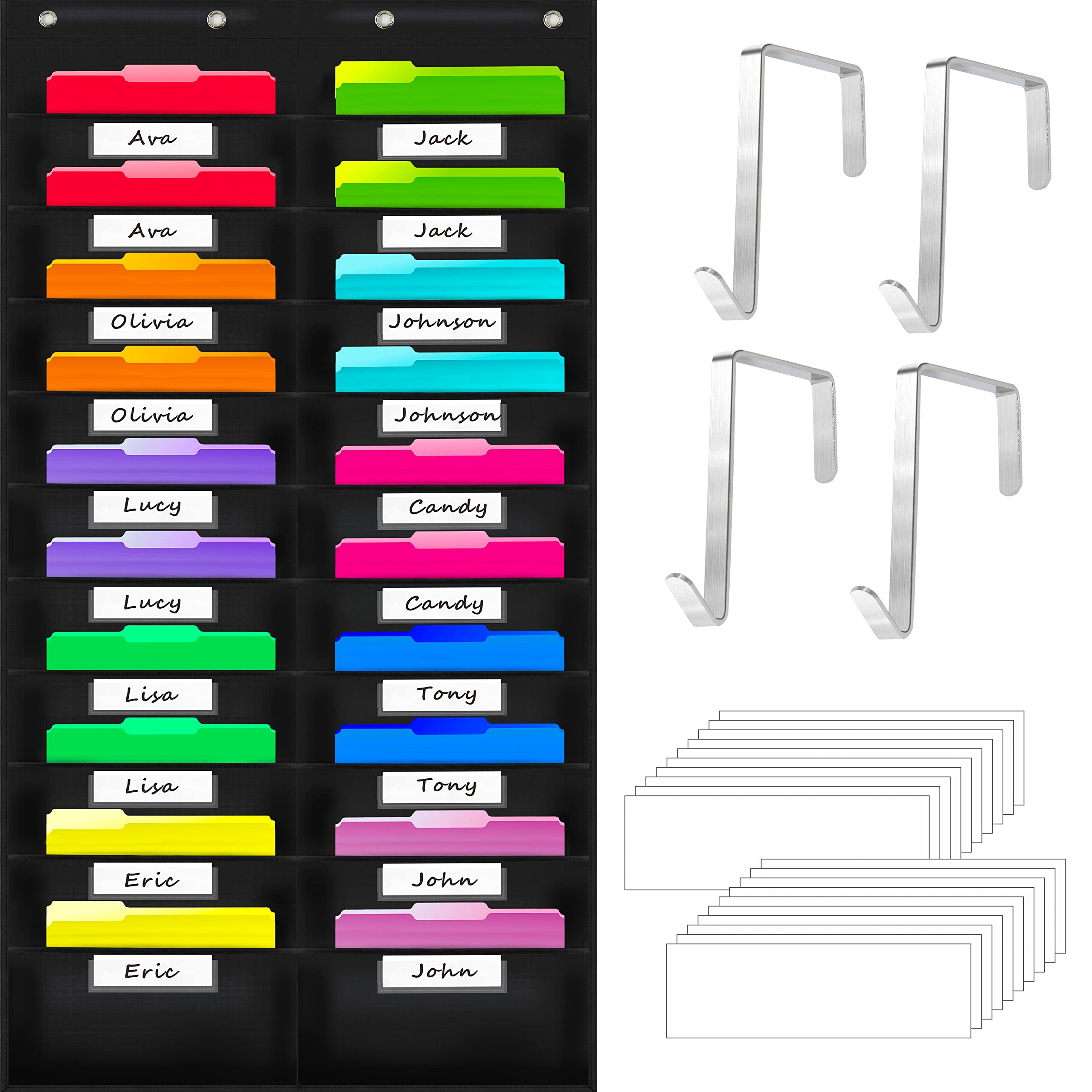 Nylon Storage Pocket Chart with 20 Name Tag Pockets, Hanging Wall File Organizer, 4 Hooks and 20 Blank Cards, Organize Your Assignments, Files, Scrapbooks, Paper (28.5”x 47”) …