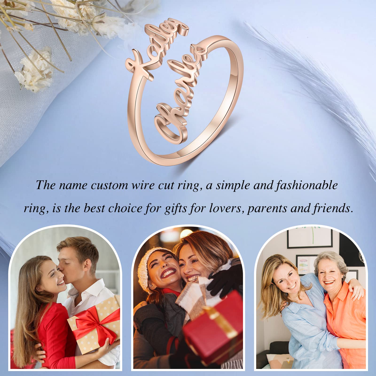 Personalized Name Ring for Women, Custom Adjustable Ring with 2 Names Promise Ring for Her Gift for Women Mother BFF (Rose Gold)