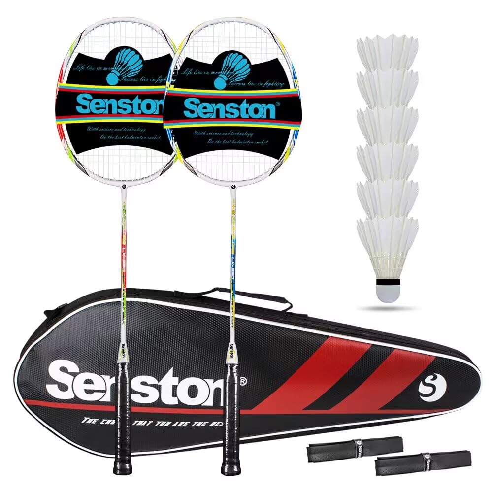 Senston Badminton Racket Set Badminton Rackets + 6 Pack Shuttlecock and 2 Overgrips(Random Color)