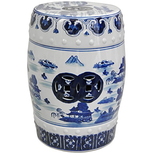 Oriental Furniture 18" Landscape Blue & White Porcelain Garden Stool
