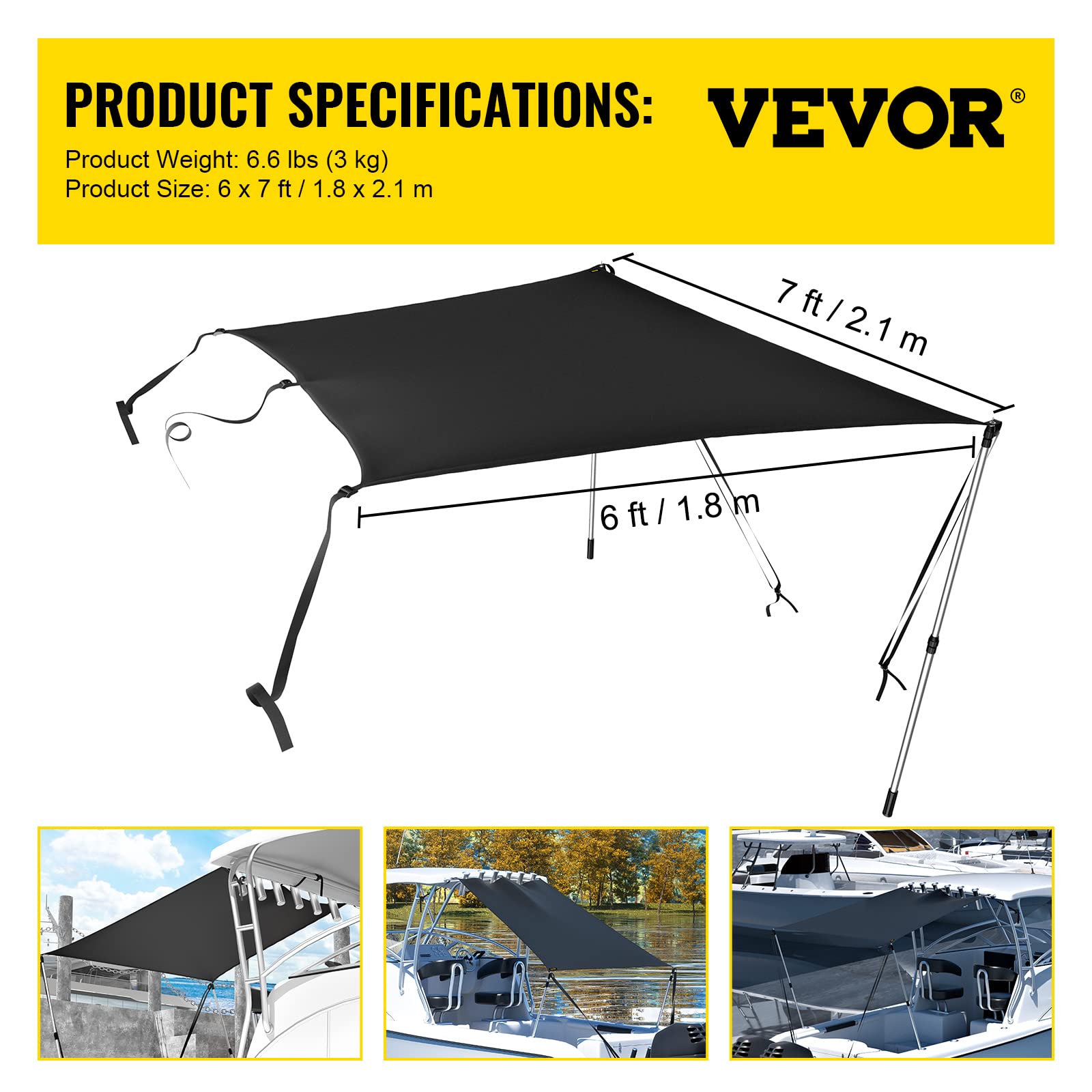 VEVOR T-Top Sun Shade Kit 6' x 7', UV-Proof 600D Polyester T-top Extension Kit with Rustproof Steel Telescopic Poles, Waterproof, Easy to Assemble for T-Tops & Bimini Top