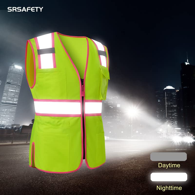 SRsafety Safety Hi-Vis Vest For Women, High Visibility Reflective Breathable Vest For Lady, Durable Zipper & Multi Pockets green S