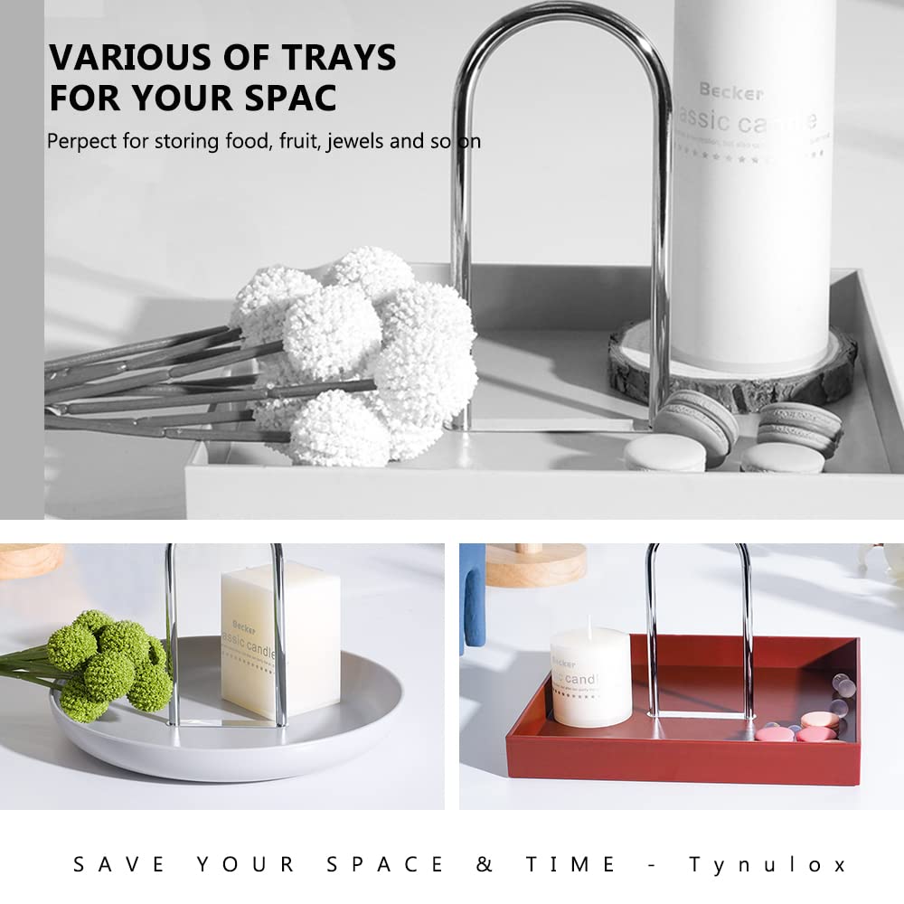 Tynulox Plastic Serving Tray with Stainless U-Handle, Grey Rectangle Portable Tray Modern Decorative Tray for Storing Food, Coffee, Cosmetics in Bedroom, Kitchen, Living Room, 1 Pcs.