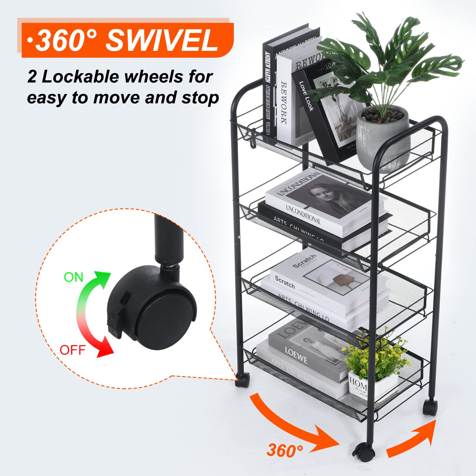 PATIKIL 4 Tier Rolling Cart, Metal Mesh Trolley Utility Storage Organizer Cart with Hooks Wheels for Bathroom Office, Black