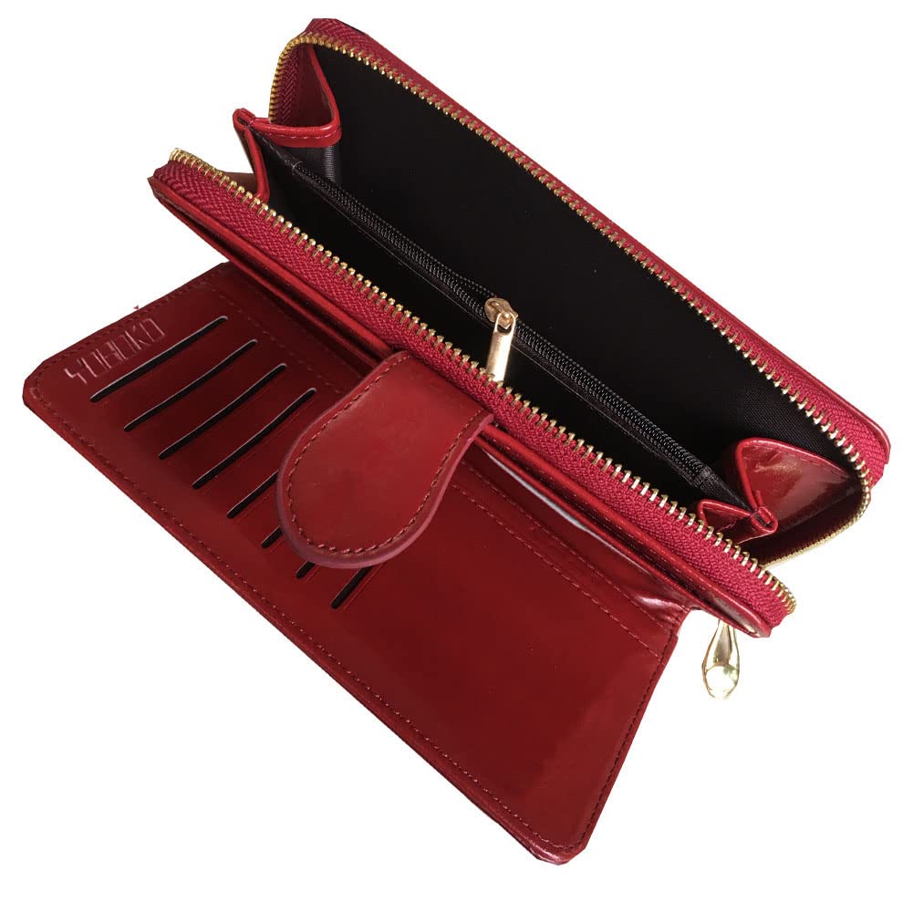 YOBOKO Womens Long Trifold Wallet Large Card Cases Holder Money Organizers (Wine Red)