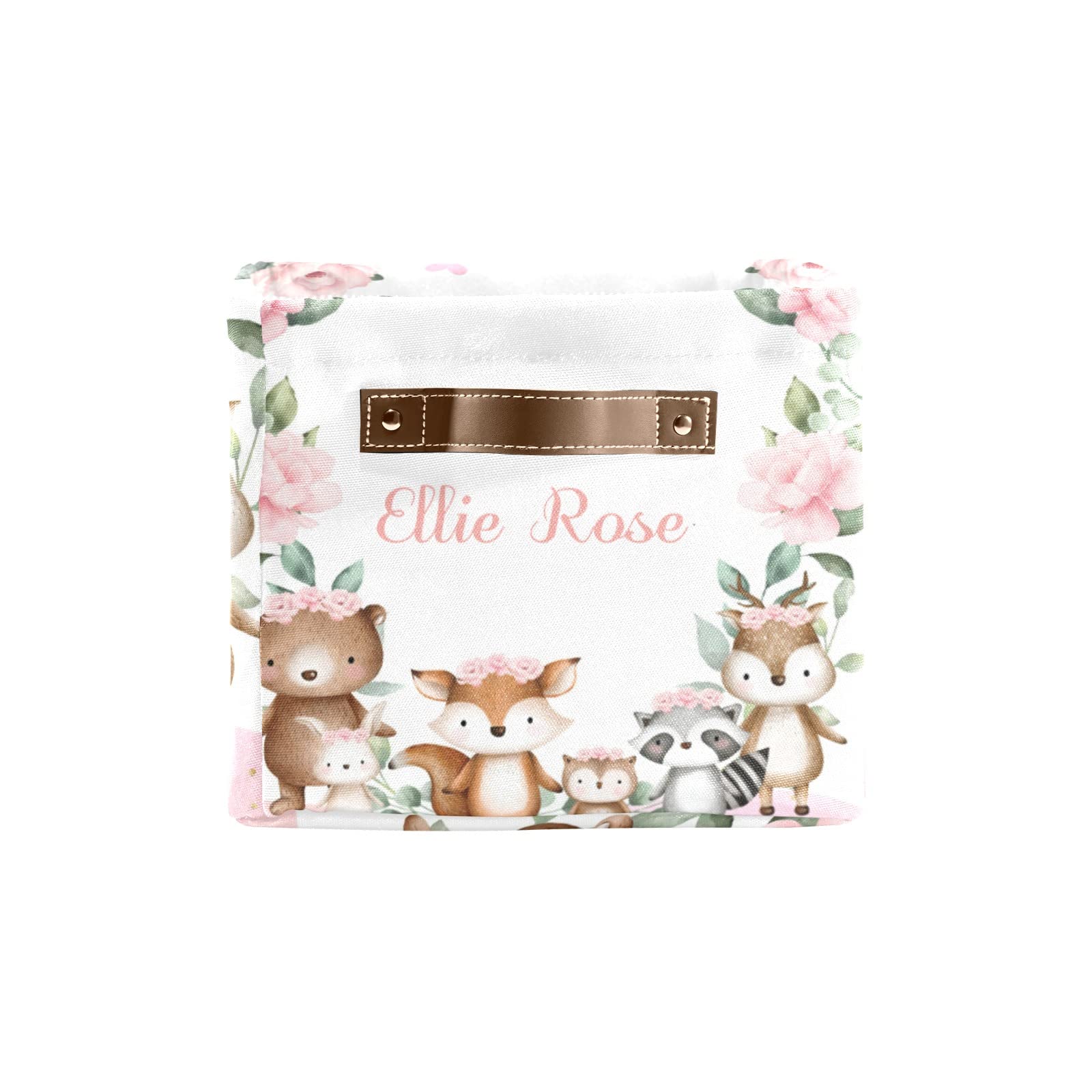 Woodland Animals Pink Floral Personalized Storage Bins,Foldable Baskets Organizer with Handle for Nursery Pet Toy Clothes Box 4 Packs