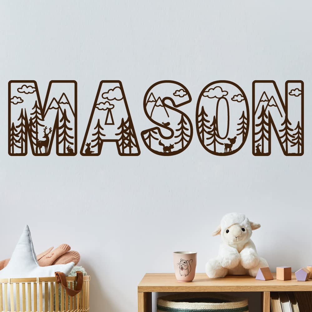 Woodland Animals Custom Name Vinyl Wall Decal Sticker Art for Boys and Girls, Mountain Trees Bedroom and Forest Theme Nursery Room Home Decor for Kids