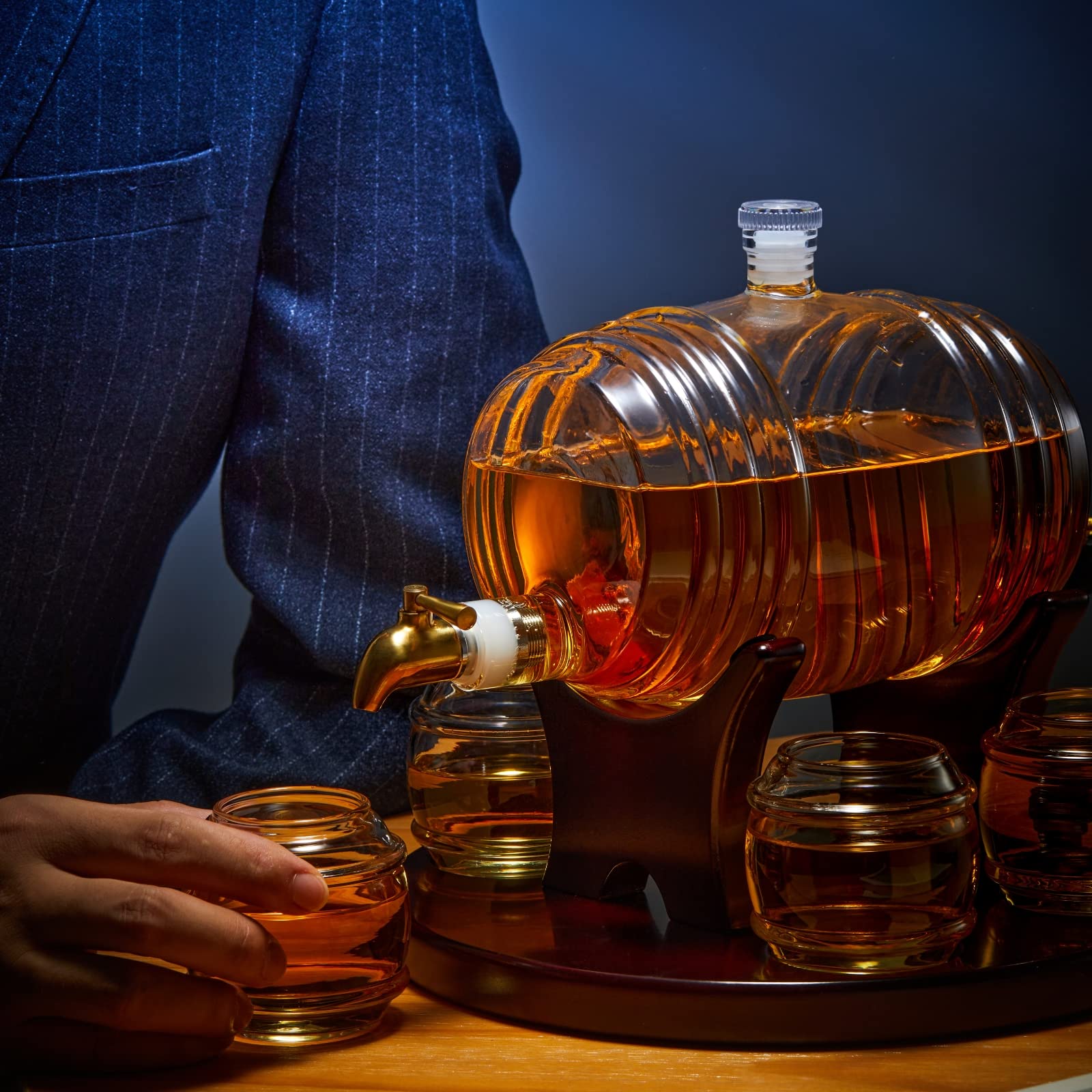 Whiskey Barrel Decanter Set - Liquor Dispenser Birthday Valentine's Day Gifts Ideas for Men Husband - 1350ML Decanter with 4 Whiskey Glasses for Alcohol, Bourbon, Scotch, Vodka, Tequila, Wine