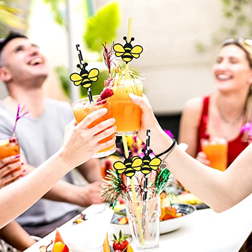 Whaline 100Pcs Summer Paper Straws Glitter Bee Disposable Paper Straws Yellow Black Dot Stripe Bee Decorative Straws Baby Shower Drinking Straw for Bee Day Party Supplies Juices Shakes Cocktail Decor
