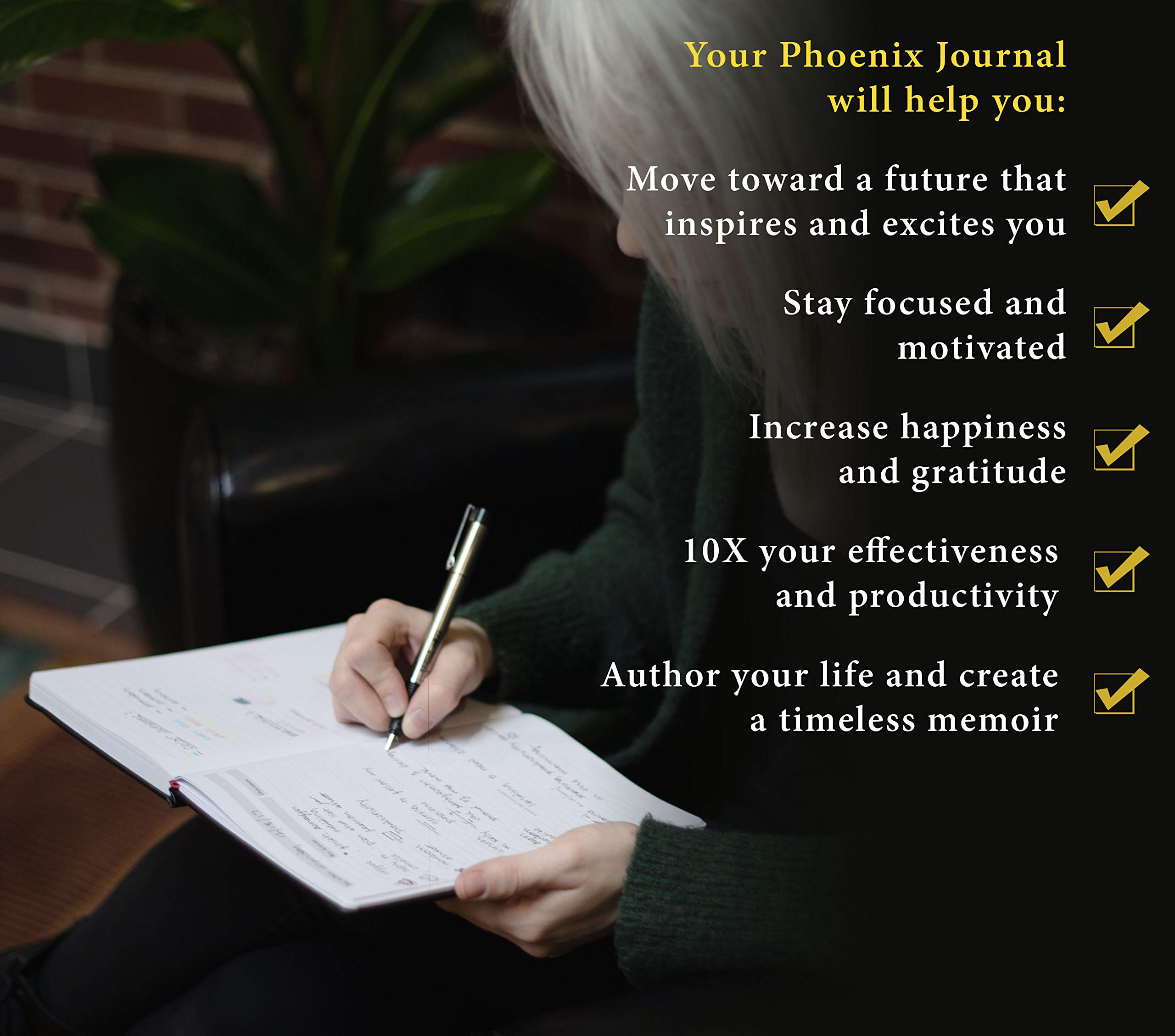 The Phoenix Journal - Best Daily Goal Planner, Organizer, & Calendar for Goal Setting, Gratitude, Happiness, & Productivity - Vision Board & Habit Tracking - 12 Weeks, Undated, Hardcover - Black