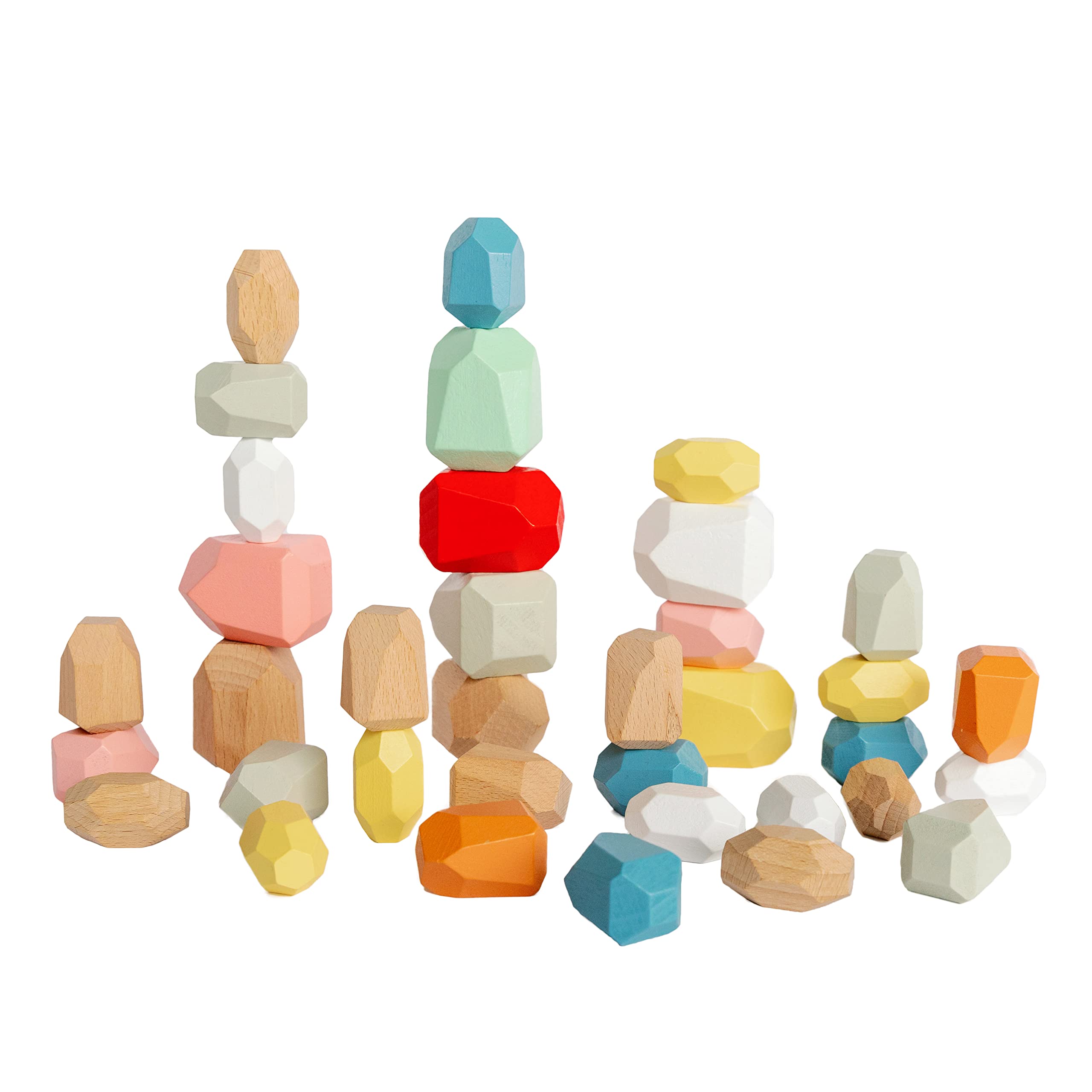 WOODLAND BRAND 36 PCS Wooden Stacking Rocks, Wooden Blocks Balancing Game. Montessori Wooden Balance Rock Block Set, Colorful Wood Building Stones, Colored Educational Stacking Toy for Toddlers, Kids