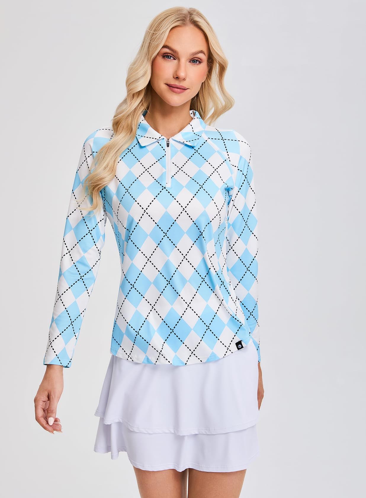 Women Long Sleeve Moisture Wicking Sport Golf Polo Shirt Tops(Blue Plaid,S