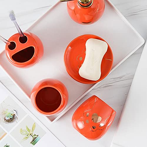 Soap Dispenser Accessories Set 6 Piece - Includes Soap Dispenser Toothbrush Holder Soap Dish Tumblers and Tray - Ceramic Cat Paw Design Soap Dispenser (Color : Dark Blue) (Orange B)