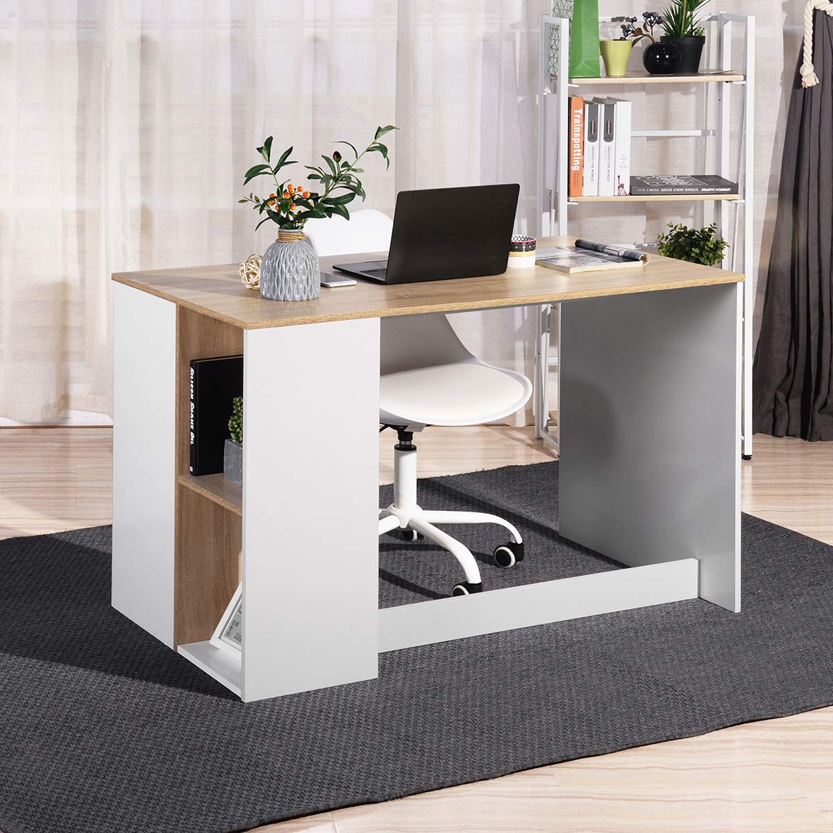 Office Computer Desk 47.2 Inch ps5 Gaming Desk with Drawers Kids Study Writing Desk Organizers with 5 Shelves Students Laptop Table Home Wood Workspace Conference Room Tables, Oak White
