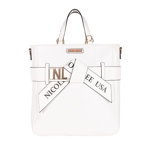Nicole Lee Zuri Large Tote Bag, Vegan Leather Logo Ribbon Bow Bag with 3 Compartments, NL Gold Metal Hardware (WHITE)