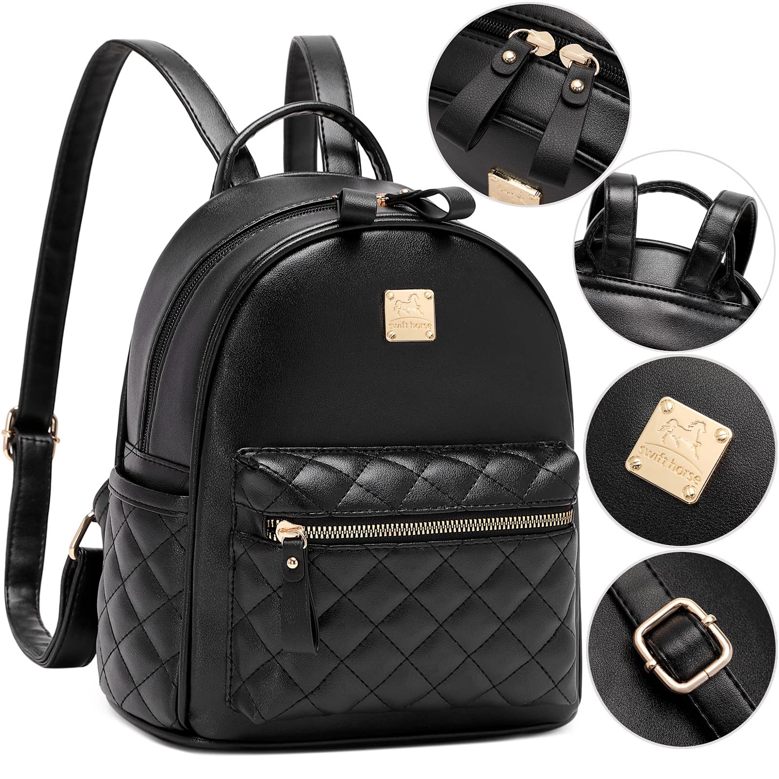 Women Mini Backpack Purse Small Cute Floral Print Faux Leather Womens Double Strap Shoulder Bag Purse (Black)