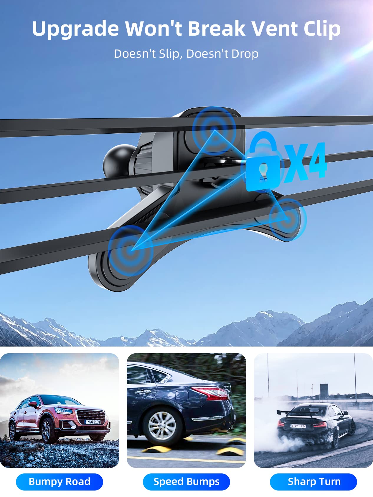 Phone Holder Mount for Car [ Off-Road Level & Stable Hook ] Windshield Dashboard Air Vent Universal Hands-Free Automobile Mounts Cell Phone Holder Fit for iPhone Smartphones