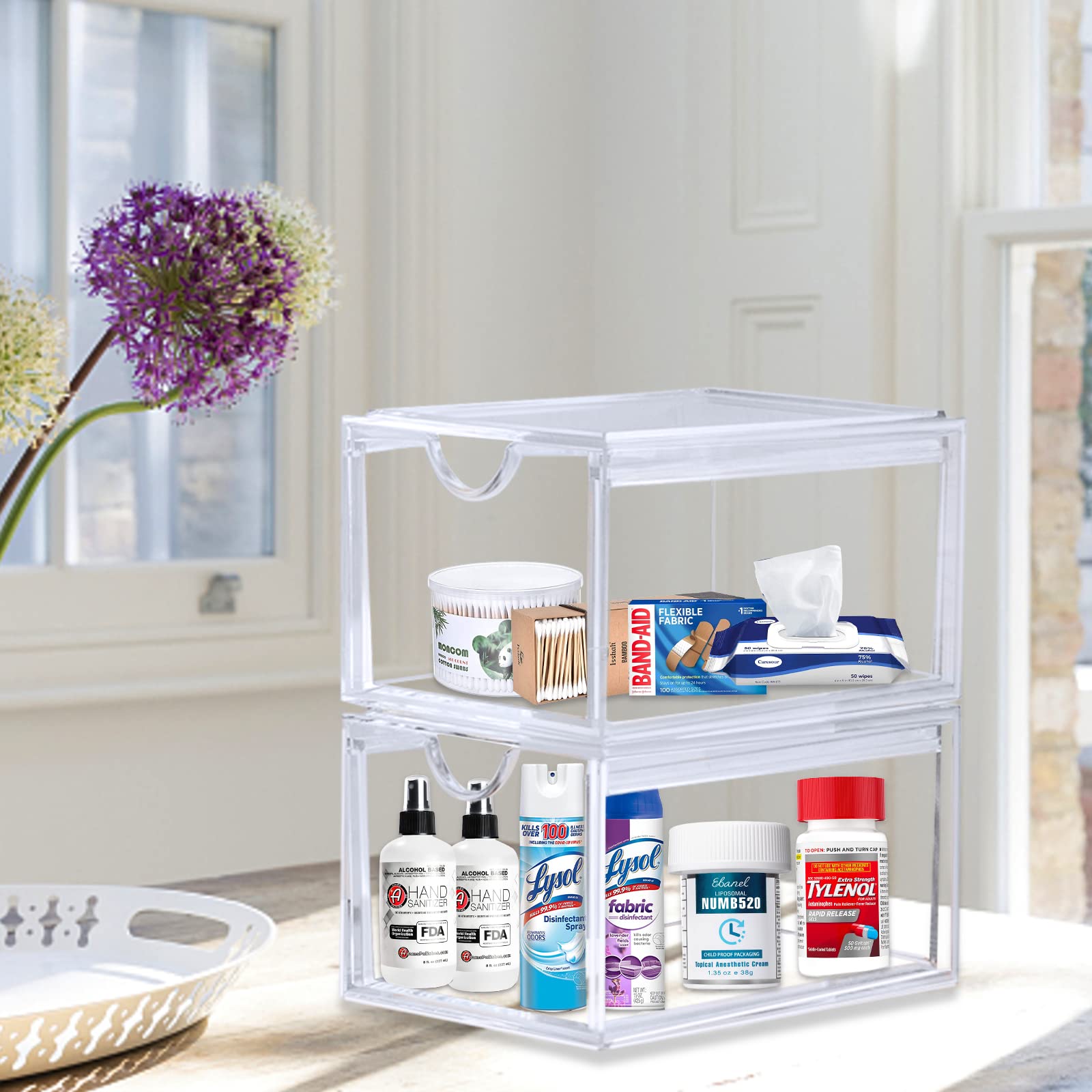 Stackable Cosmetic Organizer Storage Drawers, Set of 2 Acrylic Makeup Storage Organizer, Clear Storage Bins for Bathroom Vanity Countertop Bedroom Dresser Kitchen Cabinet Undersink and Pantry