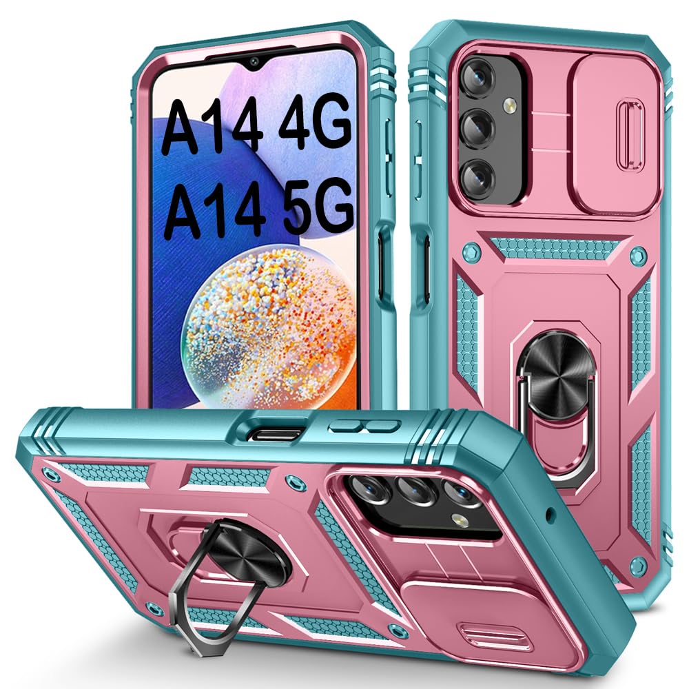 PASNEW for Samsung Galaxy A14 5G Case,Kickstand & Slide Camera Cover, Military Grade Heavy Duty Full Body Shockproof Multi-Layer Shell for A14 4G,6.6 inch,Pink Green