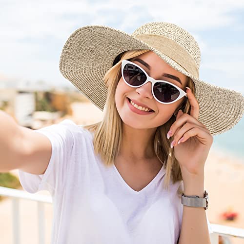 Womens Beach Straw Sun Hat: Large Ladies Foldable & Packable Floppy Hats with Wide Brim-UPF 50 UV Protection Summer Sunhat (Mixed Coffee)