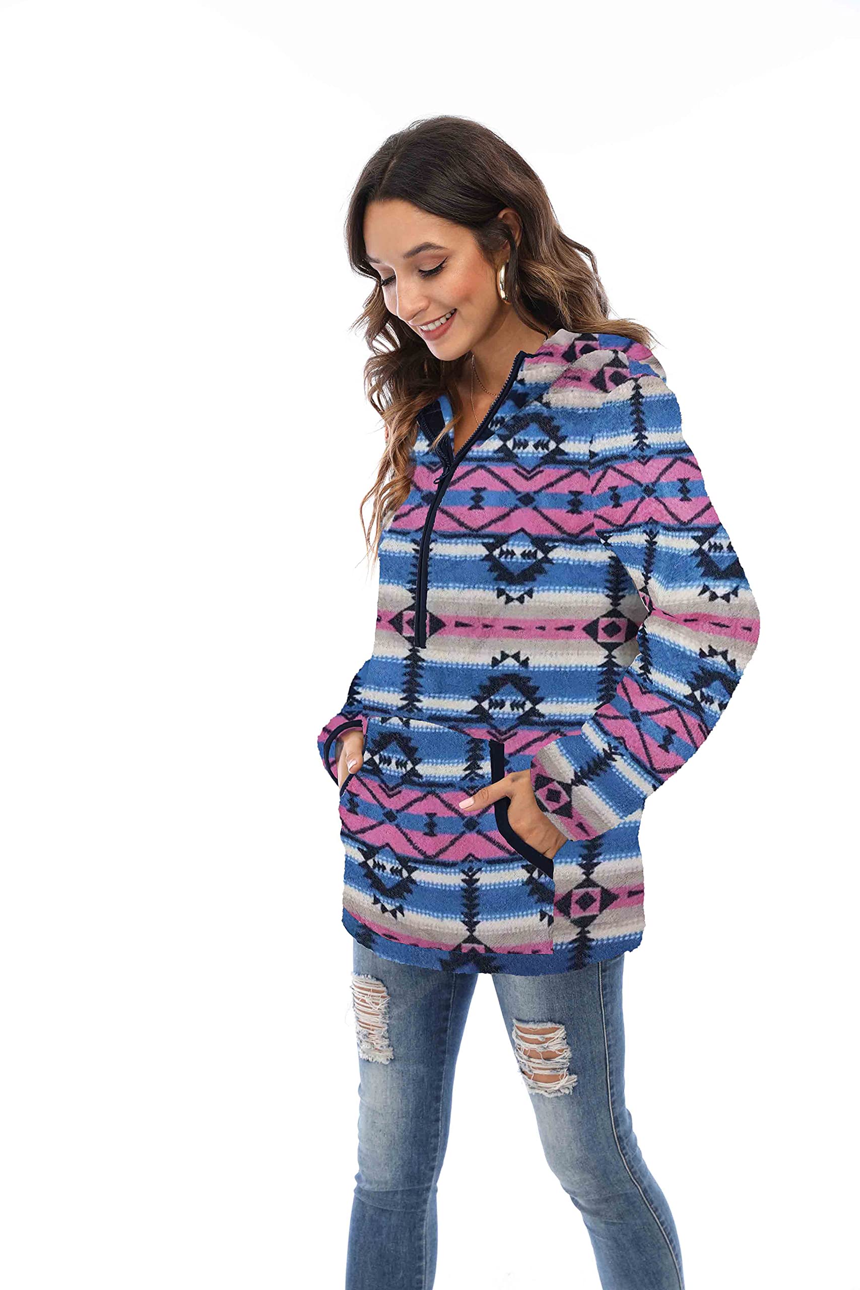 Voopptaw Aztec Sweaters for Women Casual Fuzzy Pullover Long Sleeves Zipper Sweatshirt Winter Loose Fit Coat with Pockets Pink S