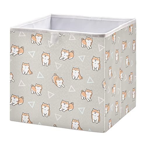 Seamless Cute Cartoon Shiba Inu Dogs Geometric Triangles on Warm Grey Rectangular Storage Basket Bin, Collapsible Storage Box, Foldable Nursery Baskets Organizer for Toy, Clothes Easy to Assemble
