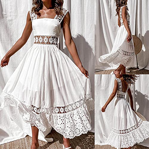 Women Patchwork Lace Hollow Out Tank Dress Sleeveless Ruched Backless High Waisted Ruffle Dress White