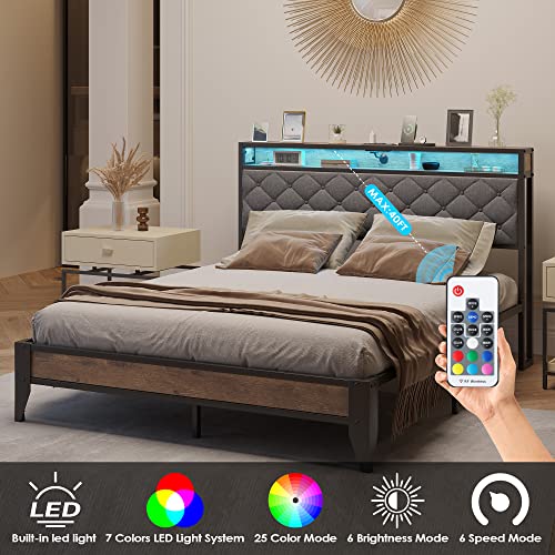 Osfvolr Full Size Bed Frame with Charging Station and LED Light, Platform Bed Frame with 2 Tier Storage Upholstered Linen Headboard, Heavy Duty Metal Structure, 12 inch Under Bed Storage, Noise Free