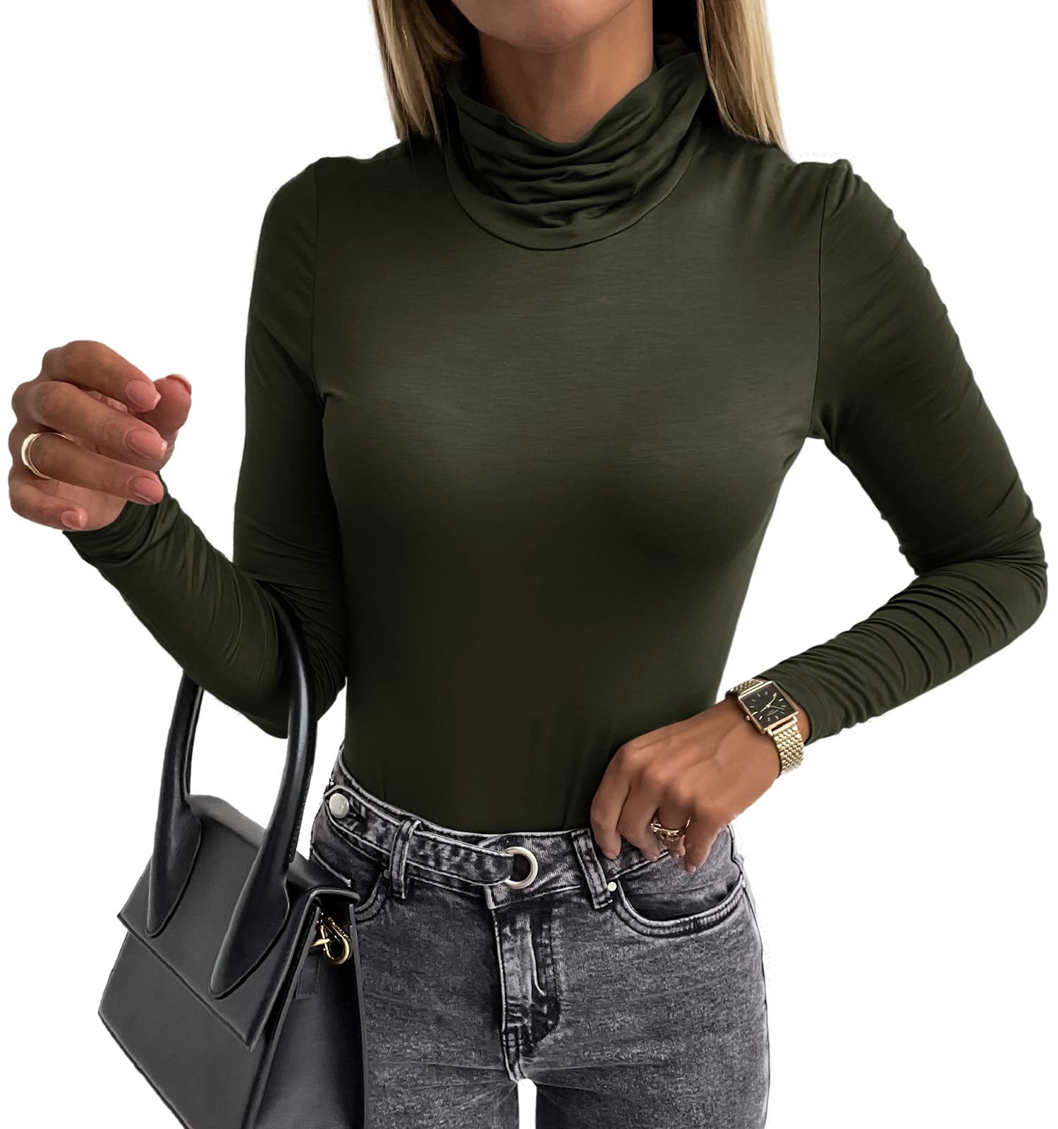 Womens Long Sleeve Turtleneck Tops Stretchy Slim Fit Base Layer Shirts Army Green
