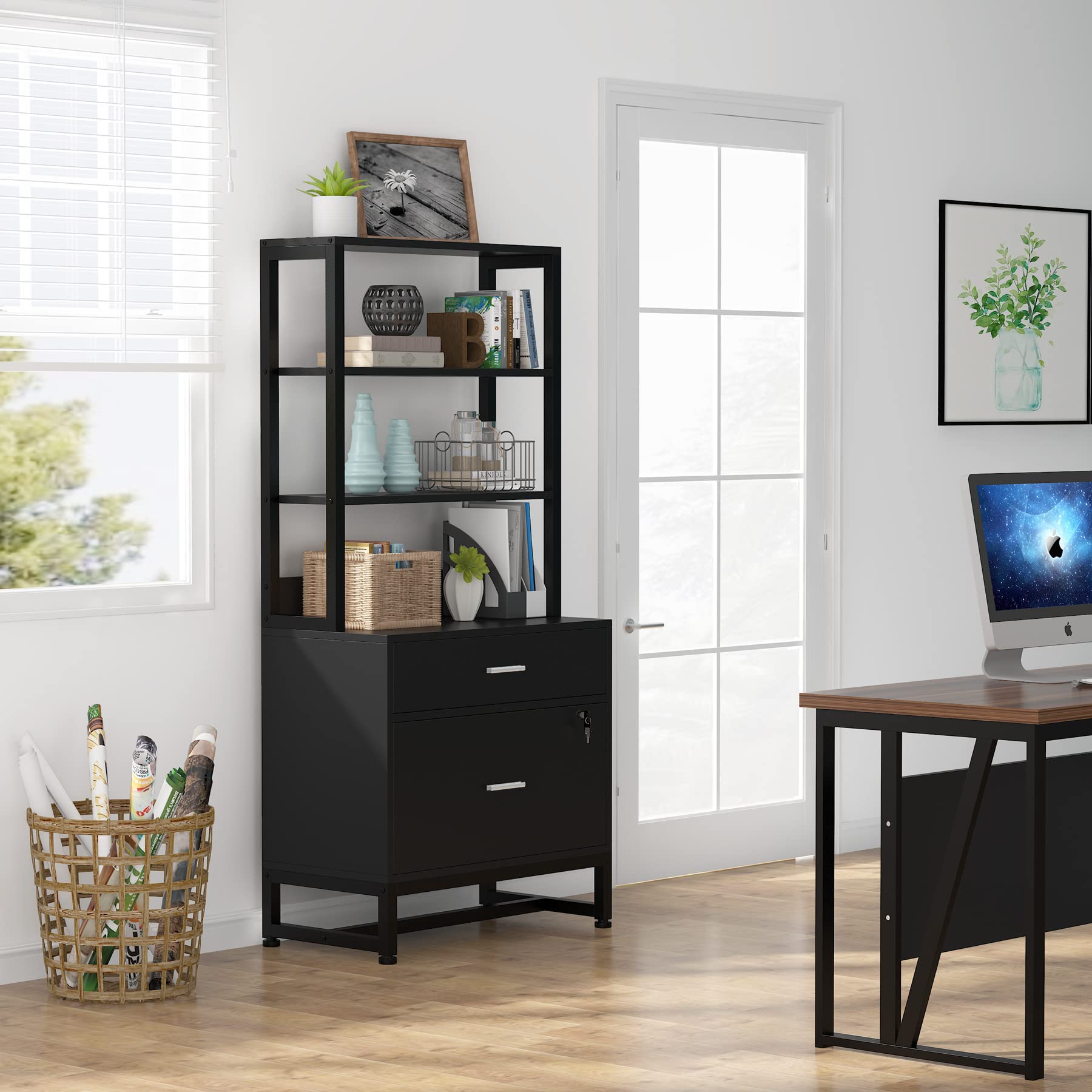 Tribesigns 2 Drawer Vertical File Cabinet with Lock & Bookshelf, Letter Size Large Modern Filing Cabinet Printer Stand with Open Storage Shelves for Home Office, Black
