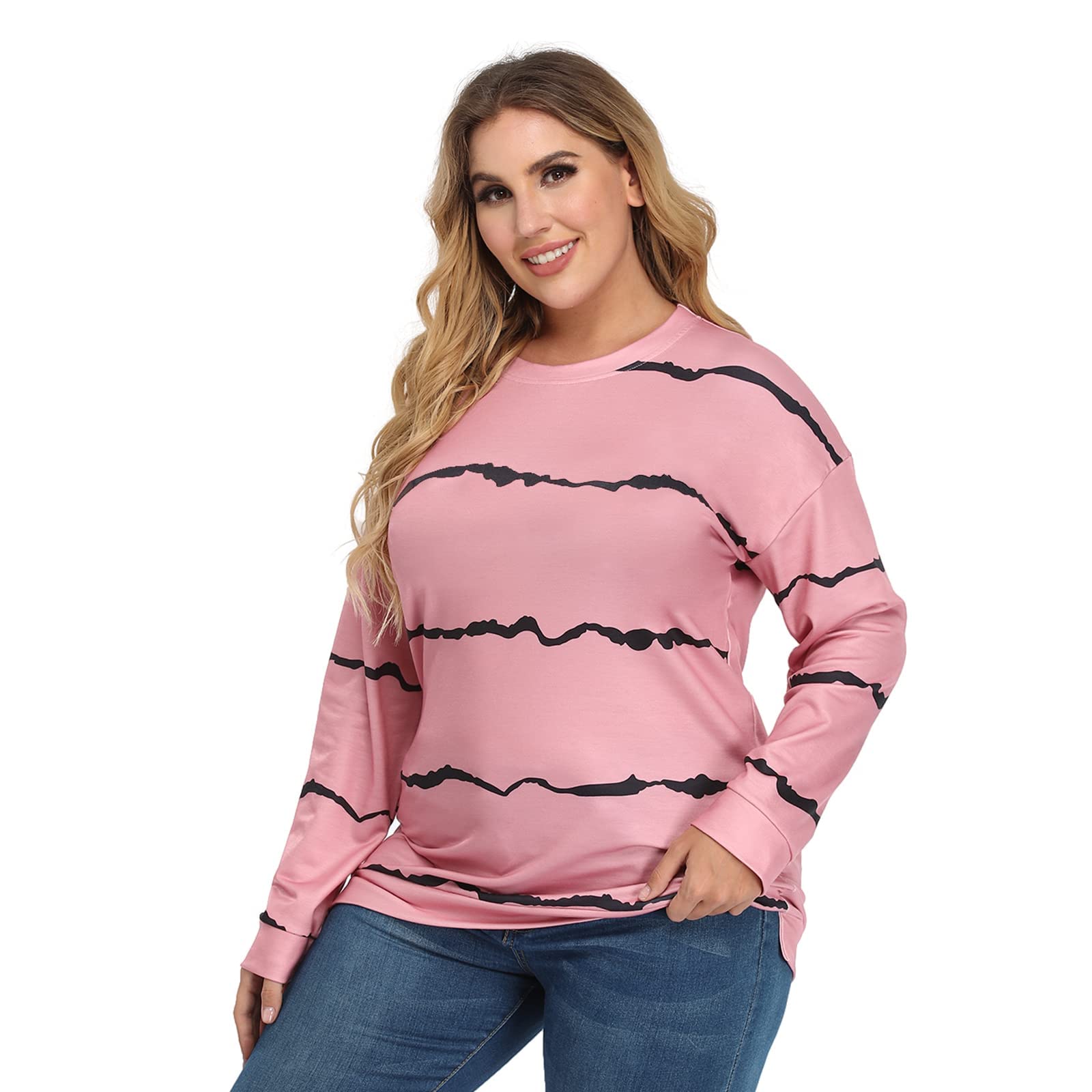 Voxshe Womens Tie Dye T Shirts Long Sleeve Crew Neck Basic Tee Tops Leisure Blouse Pink