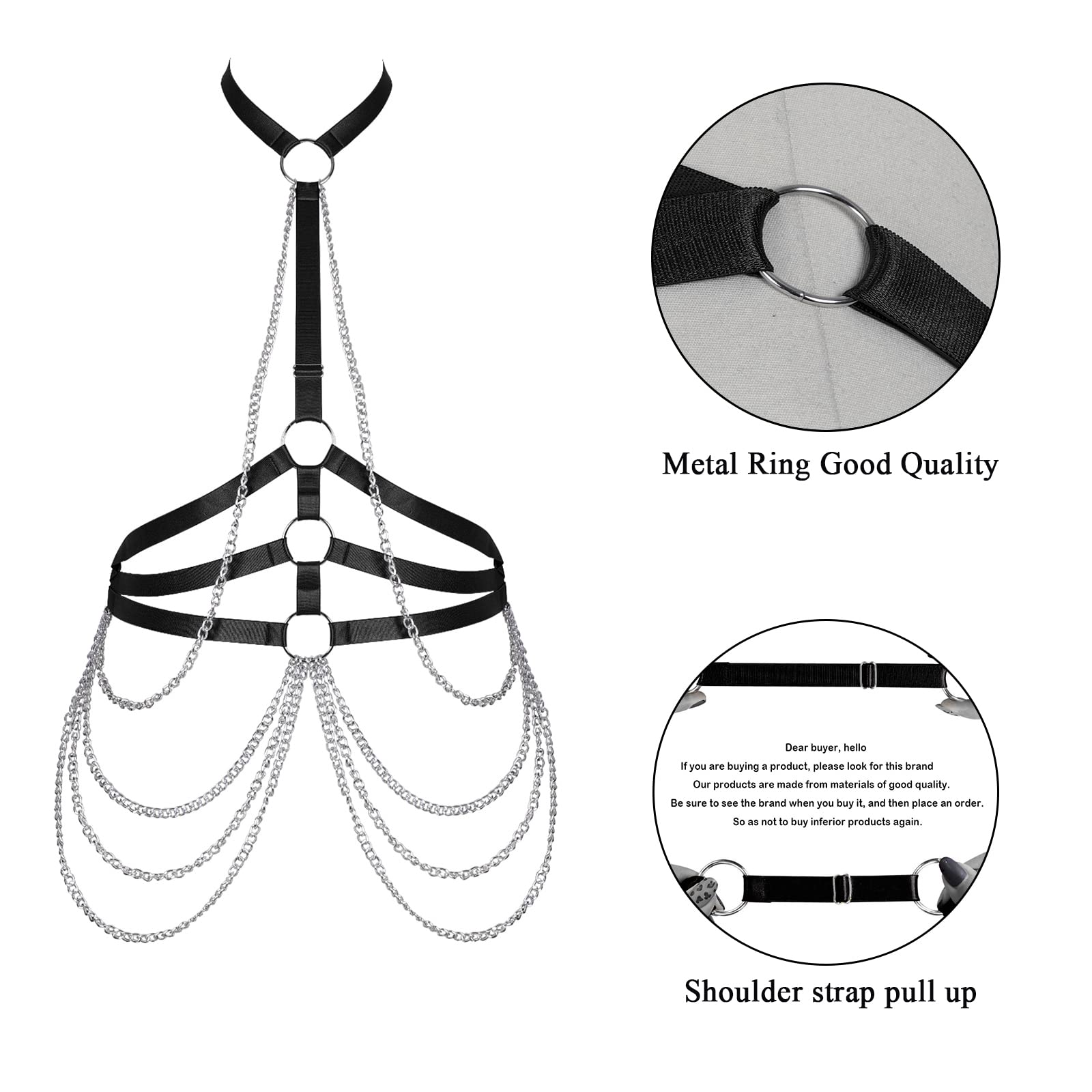 Women Plus Size Body Chain Full Body Hollow Out Harness Bra Punk Gothic Festival Rave Set (Black)
