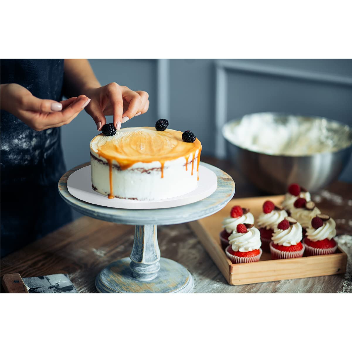White Cake Drums Round 14 Inch Cake Boards with 1/2-Inch Thick Smooth Edges for Multi Tiered Birthday Wedding Party Cakes Drum Board