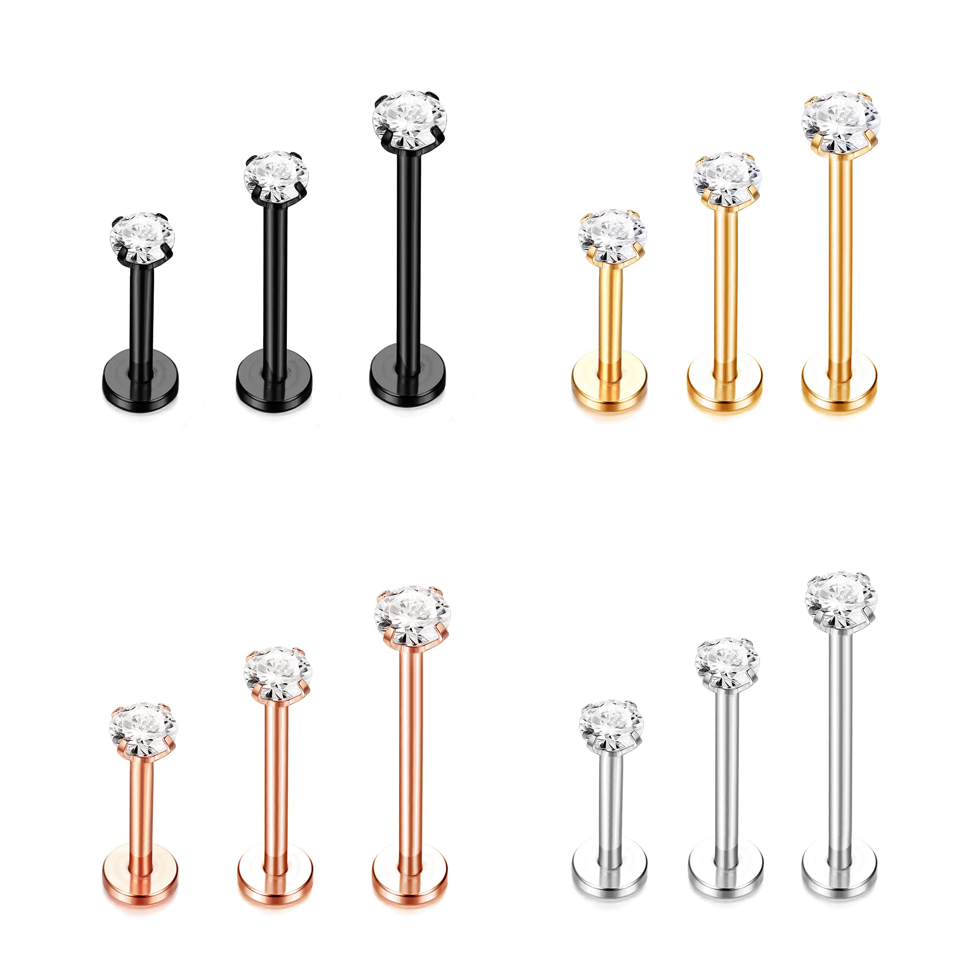 THUNARAZ 16G Lip Studs 6mm 8mm 10mm Stainless Steel Internally Threaded Lip Cartilage Tragus Helix Rings Forward Opal CZ Heart Flat Back Monroe Piercing Jewelry