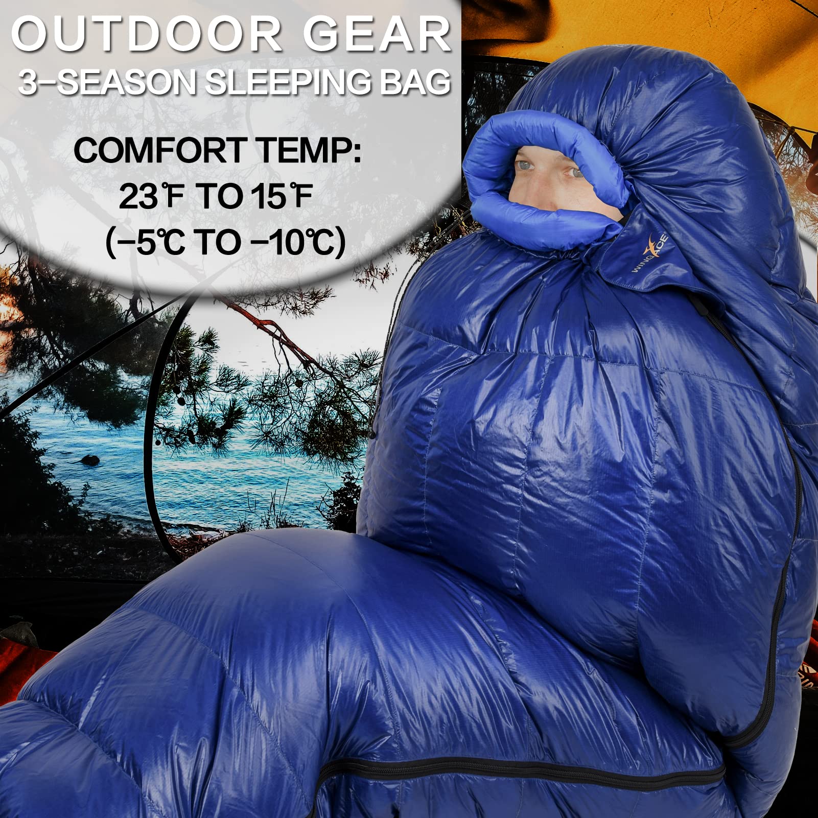 WINGACE Mummy Sleeping Bag 20 Degree F, 750FP 95% Down, Backpacking & Camping, Adults Cold Weather Lightweight Warm Compact Sleeping Bags (23F & 15F, 83 in, Dark Blue)