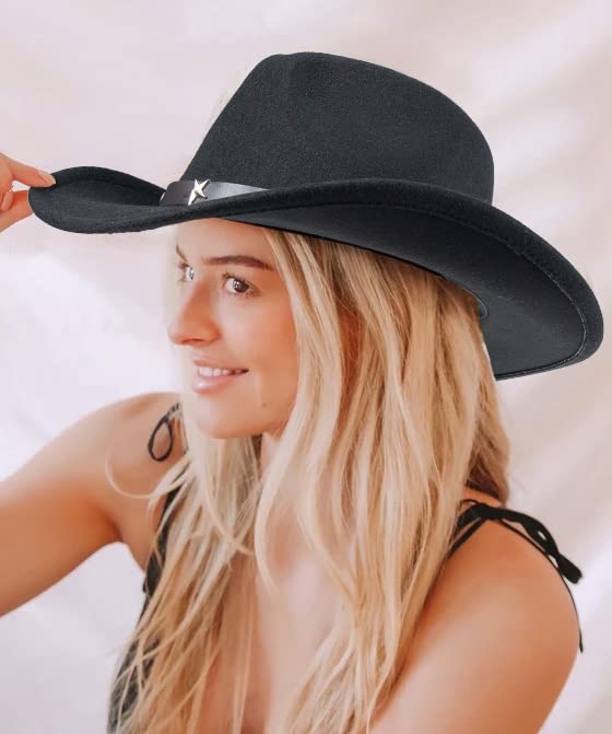 Western Cowboy Hat for Men Women Classic Roll Up Fedora Hat with Buckle Belt(Size:Medium) Black