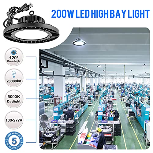 PLUSOVER LED High Bay Light 200W High Bay Light with Bright Lighting 28000LM(140LM/W) 5000K Daylight Black Waterproof UL Plug Fixture for Barn Garage Warehouse Gym