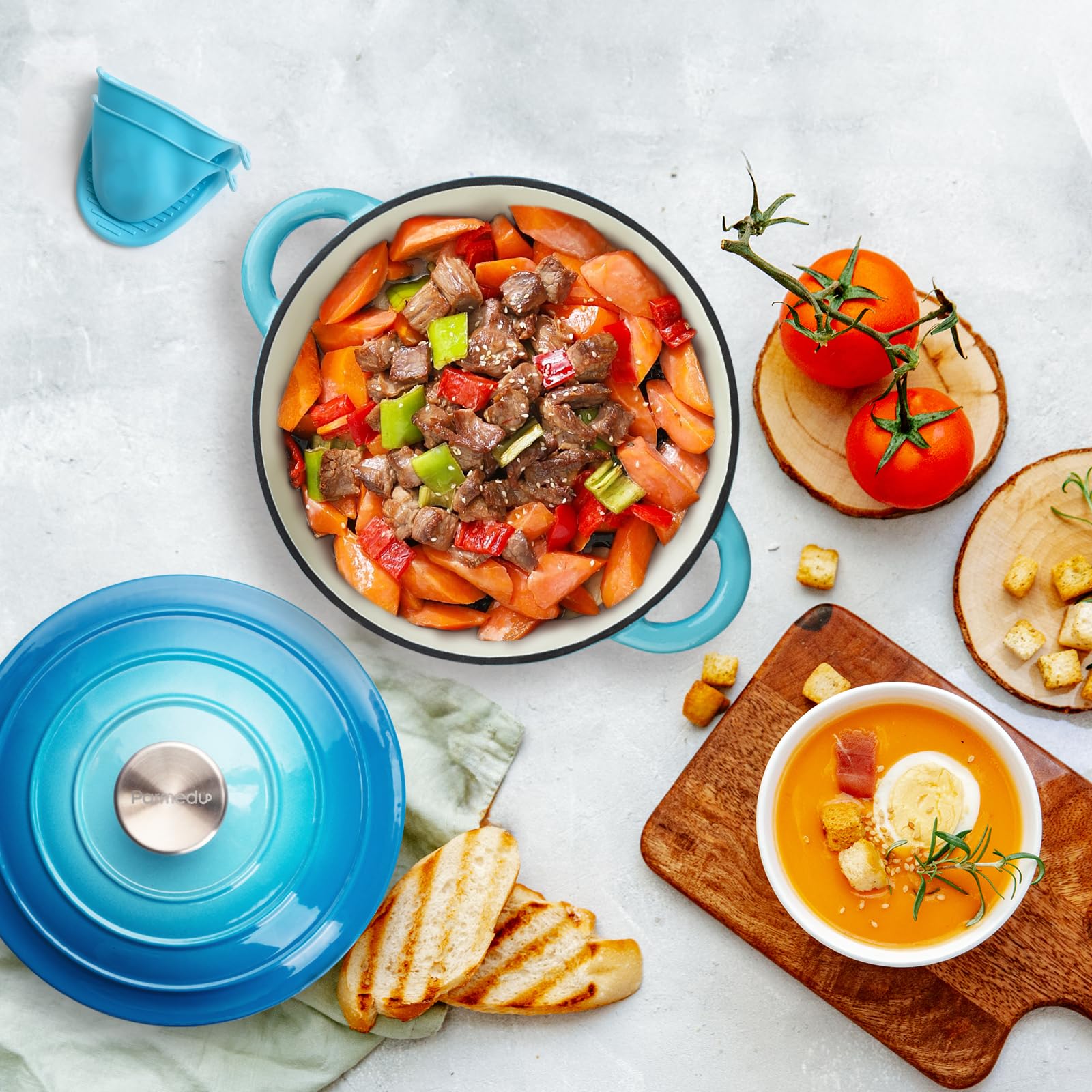 Parmedu Enameled Cast Iron Pot: 2.6 Quart Heavy Duty Dutch Oven with Lid and Dual Handles in Blue - Silicone Accessories and Sponge Included, Ideal for Braising, Stewing, Roasting and Baking